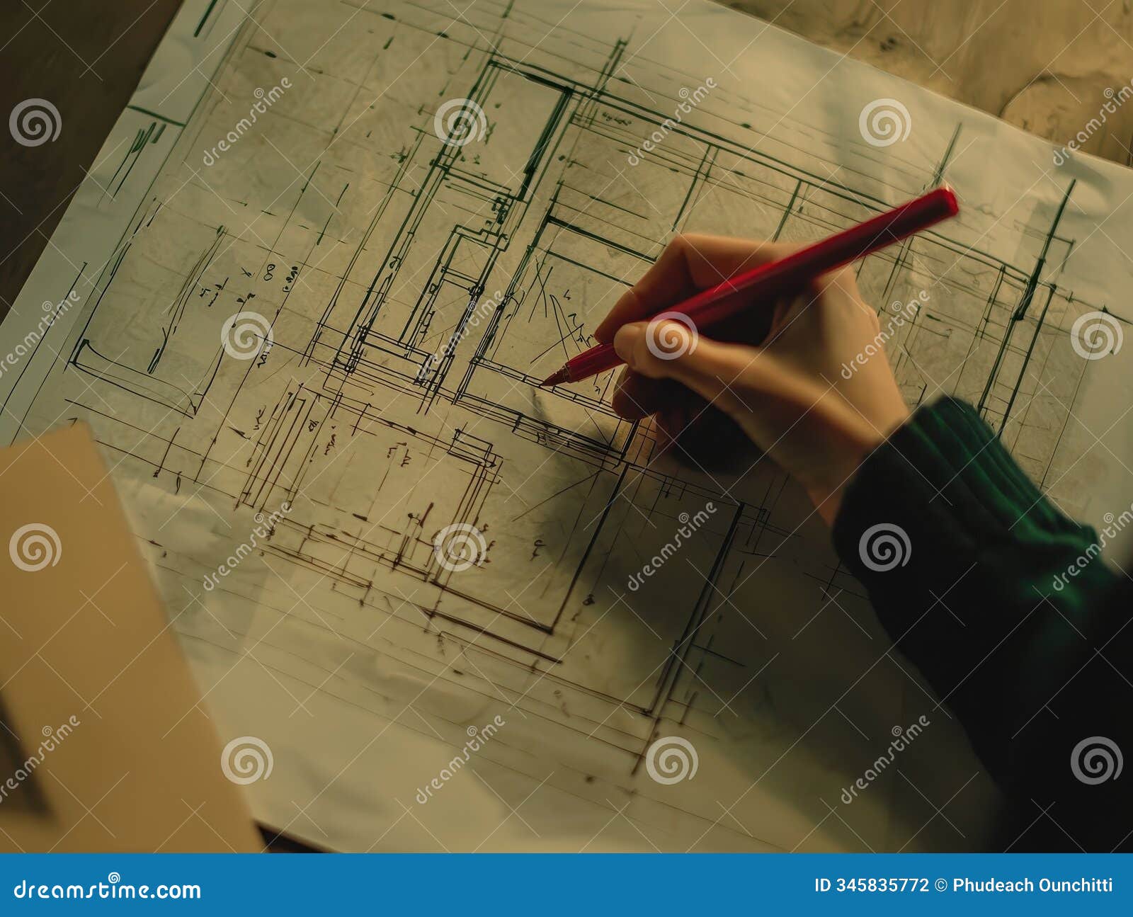 Detailed Architectural Blueprint Layout with Hand Using Red Pen for ...