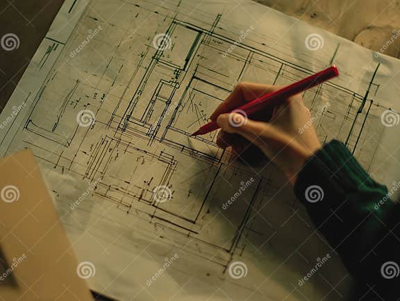 Detailed Architectural Blueprint Layout with Hand Using Red Pen for Design, Drafting, and ...