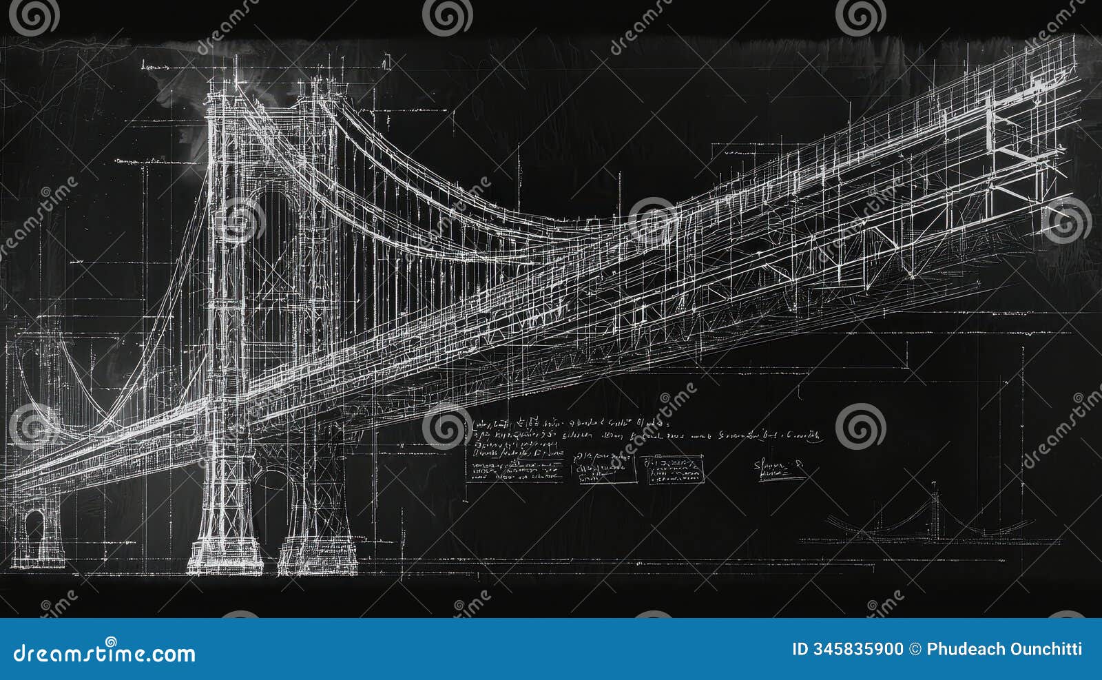 Detailed Structural Blueprint Of A Bridge With Beams, Supports, And ...