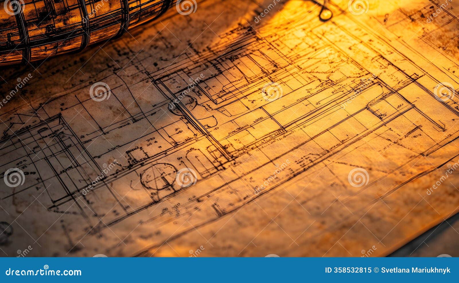 Detailed Architectural Blueprint with Warm Light Illumination Stock ...