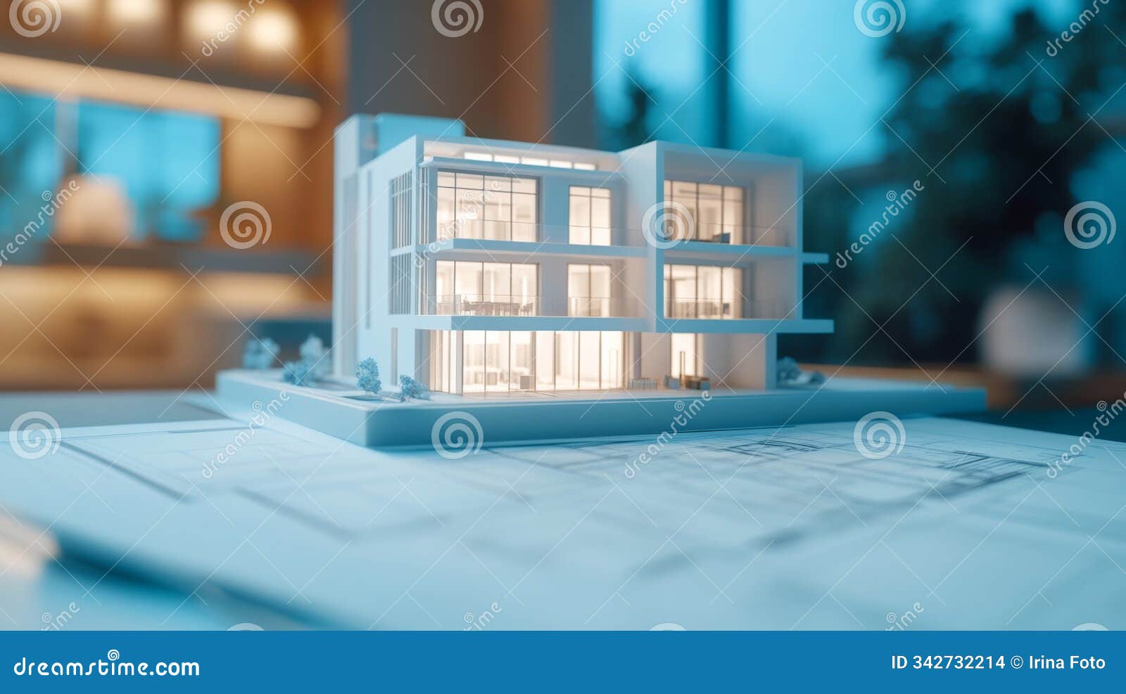 Detailed Architectural Blueprints beside a Scale Model of a Modern ...