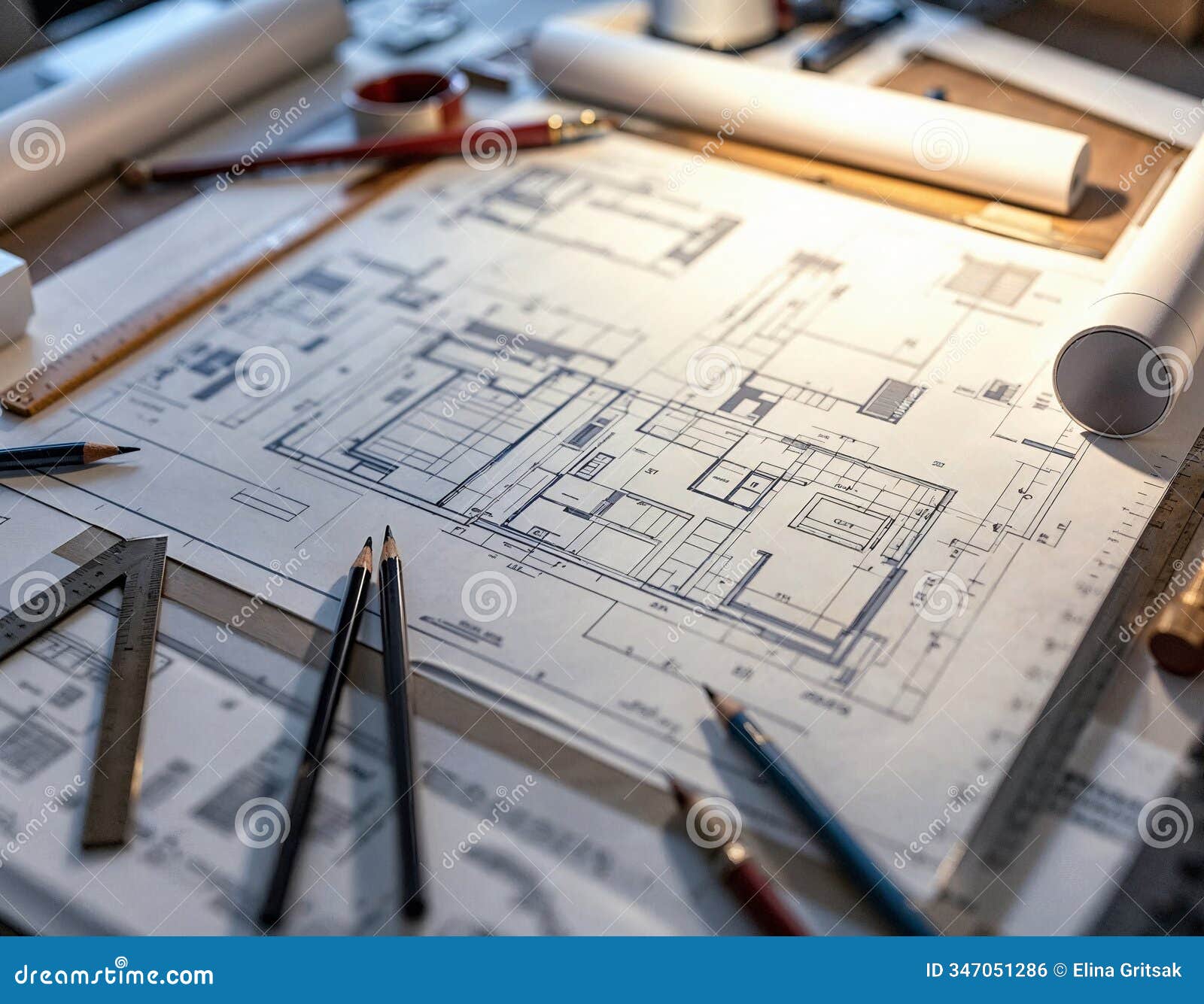 Detailed Architectural Blueprints Spread Across a Drafting Table with ...
