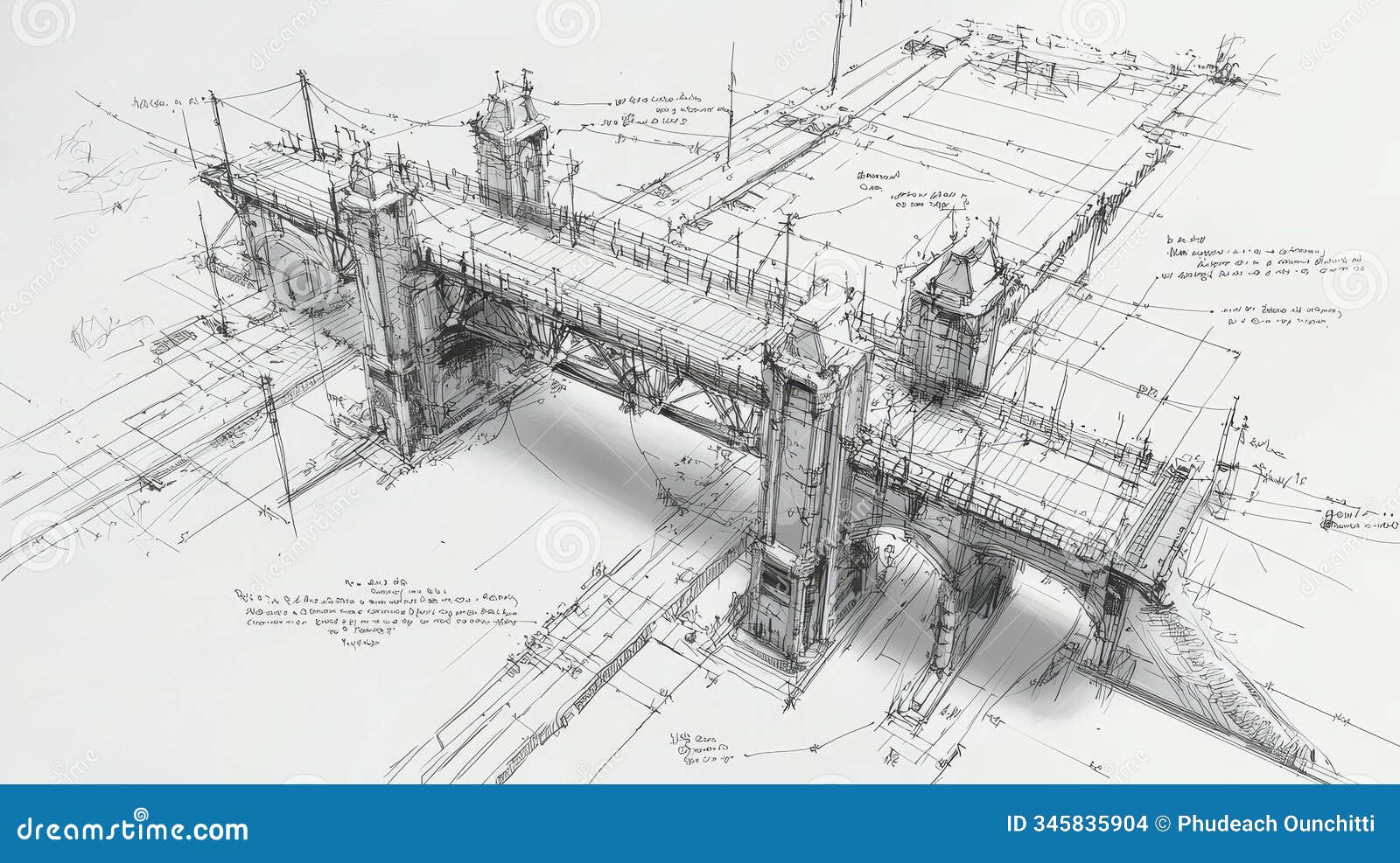 Detailed Architectural Drawing of a Bridge Design Featuring Intricate ...