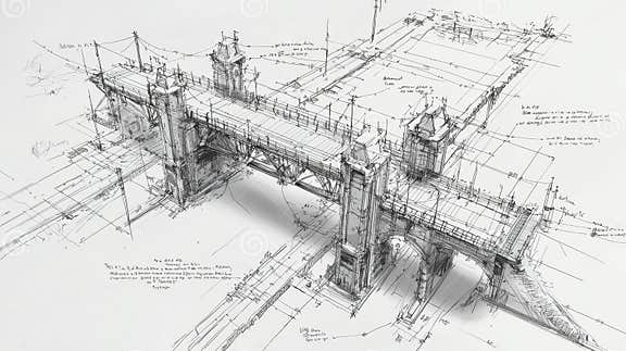 Detailed Architectural Drawing of a Bridge Design Featuring Intricate ...