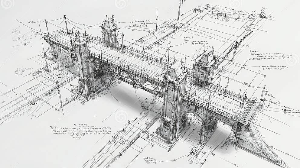 Detailed Architectural Drawing of a Bridge Design Featuring Intricate ...