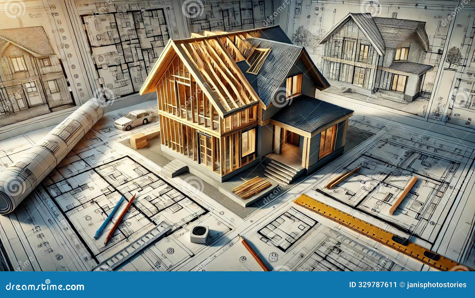 Detailed Architectural Model on Blueprint Background Perfect for ...