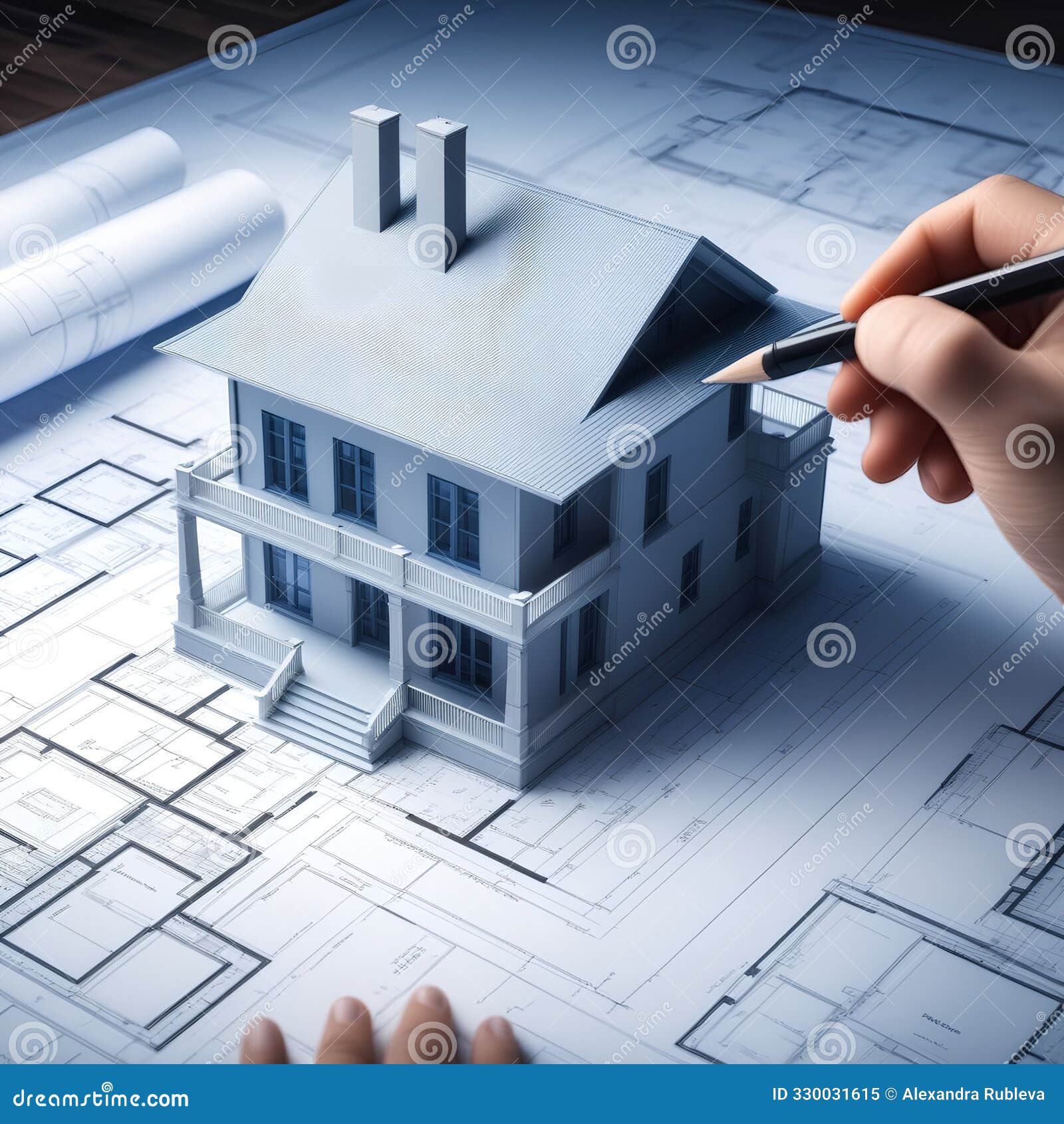 Detailed Architectural Model of a House on Blueprints, with Hands ...