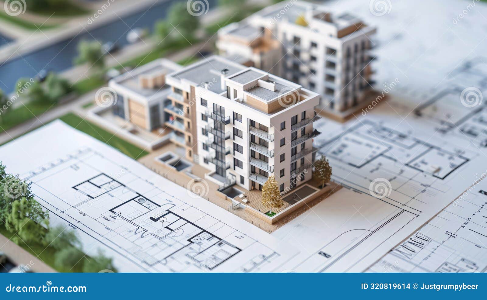 Detailed Architectural Model of Modern Apartment Complex on Blueprints ...
