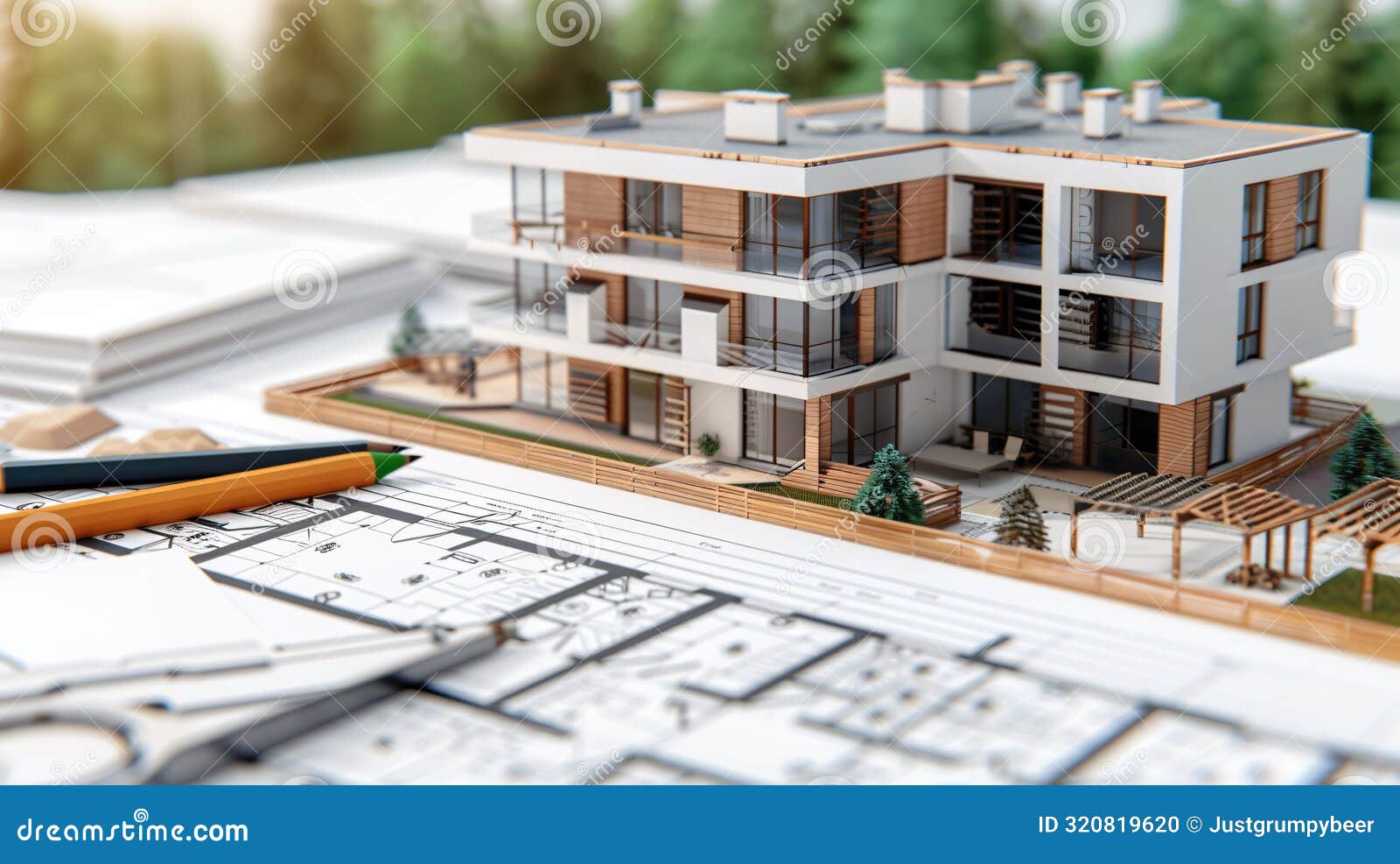 Detailed Architectural Model of Modern Apartment Complex on Blueprints ...