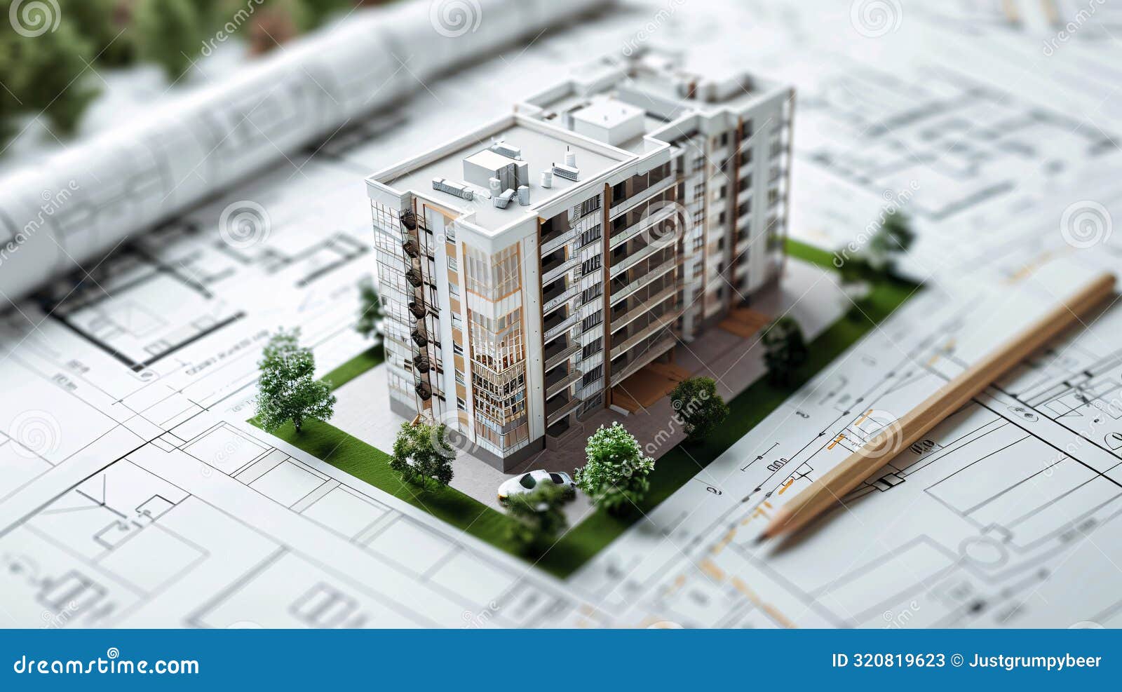 Detailed Architectural Model of Modern Apartment Complex on Blueprints ...