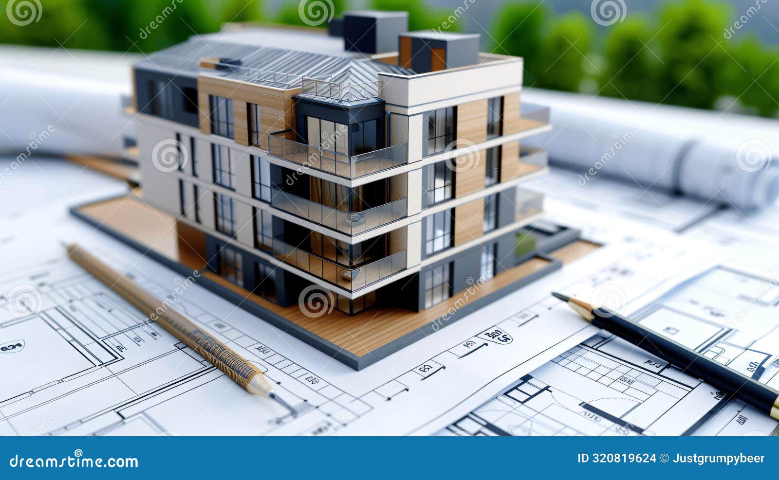 Detailed Architectural Model of Modern Apartment Complex on Blueprints ...