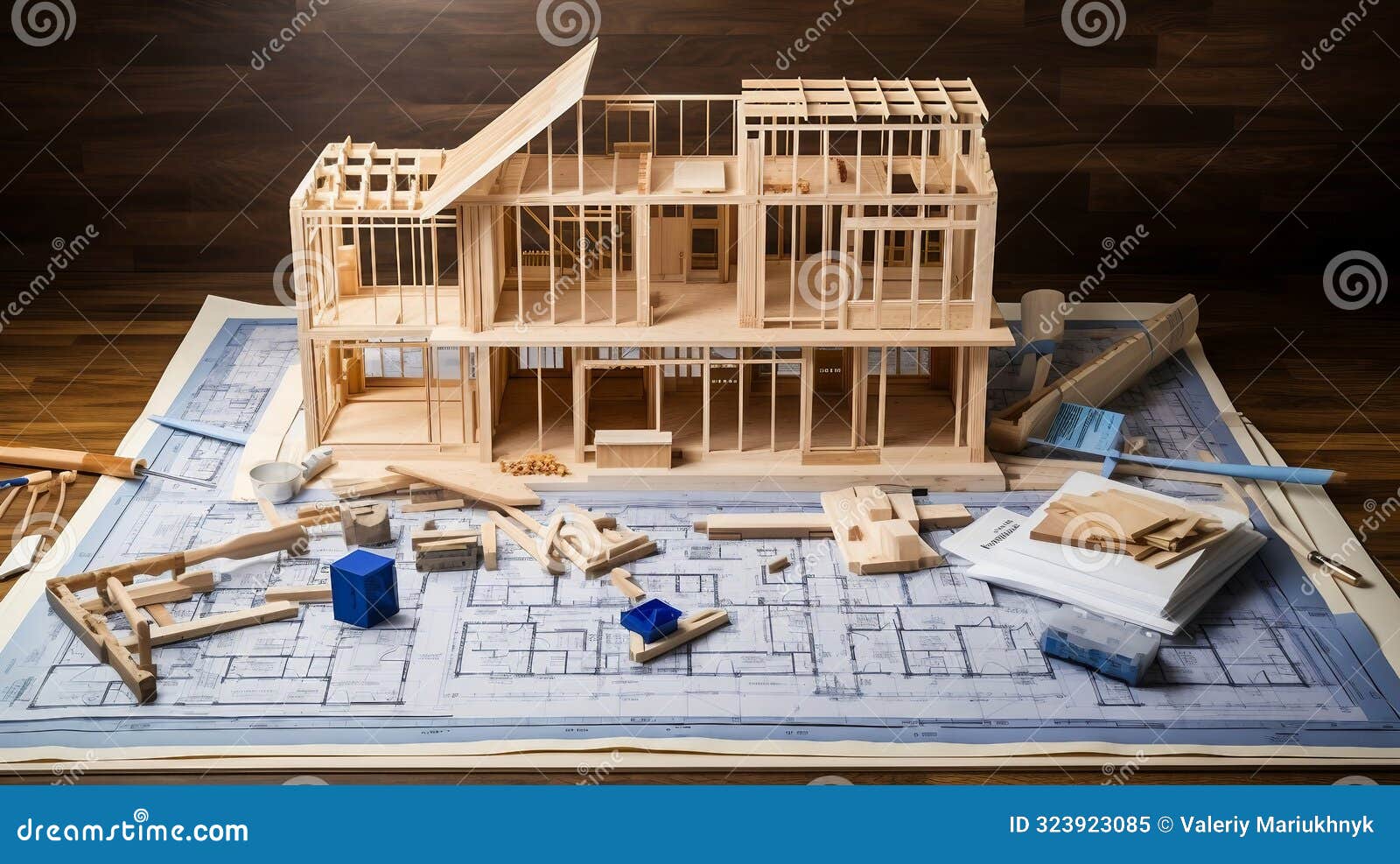 Detailed Architectural Model of a Wooden House on Blueprints with ...