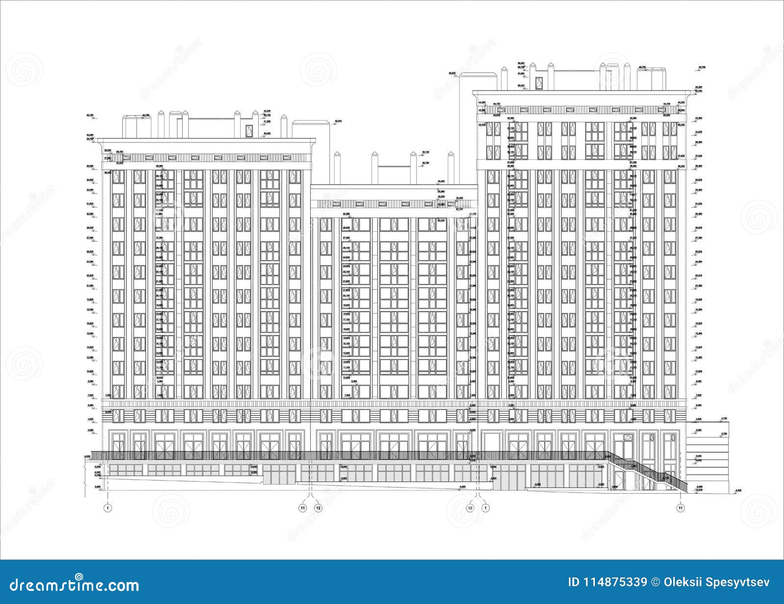 Detailed Architectural Plan of Multistory Building with Underground ...