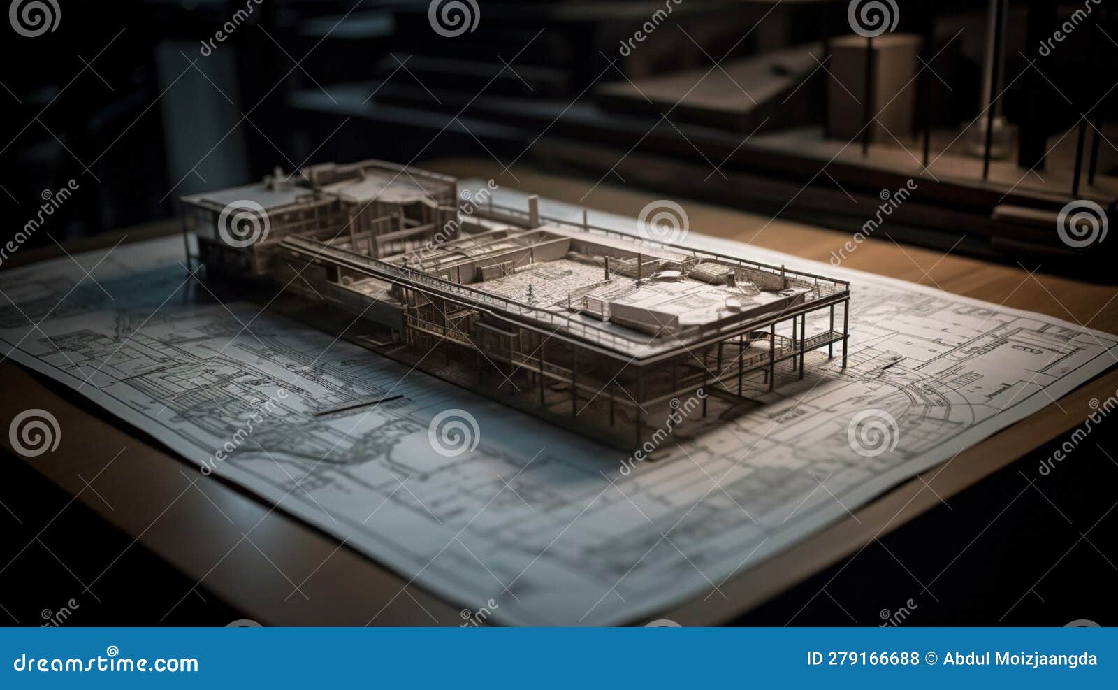 Detailed Architecture Model and Blueprints on Drafting Table for Review ...