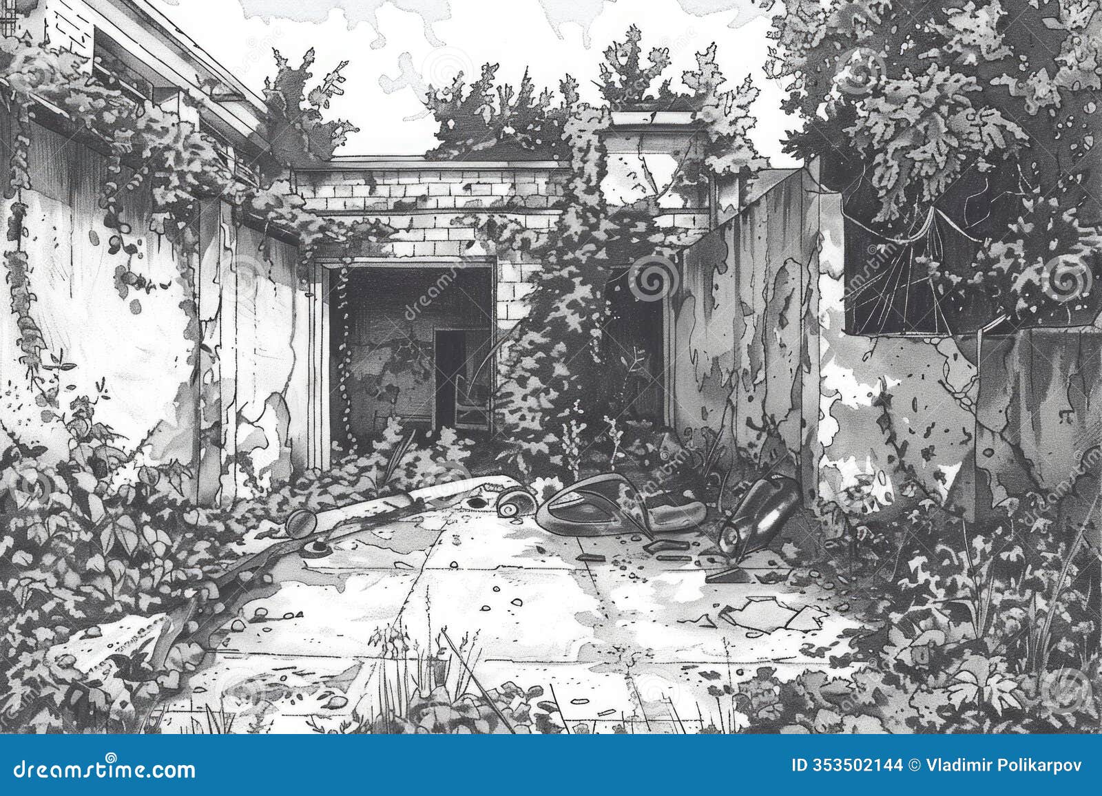 A Detailed Black and White Drawing of a Courtyard. Suitable for ...