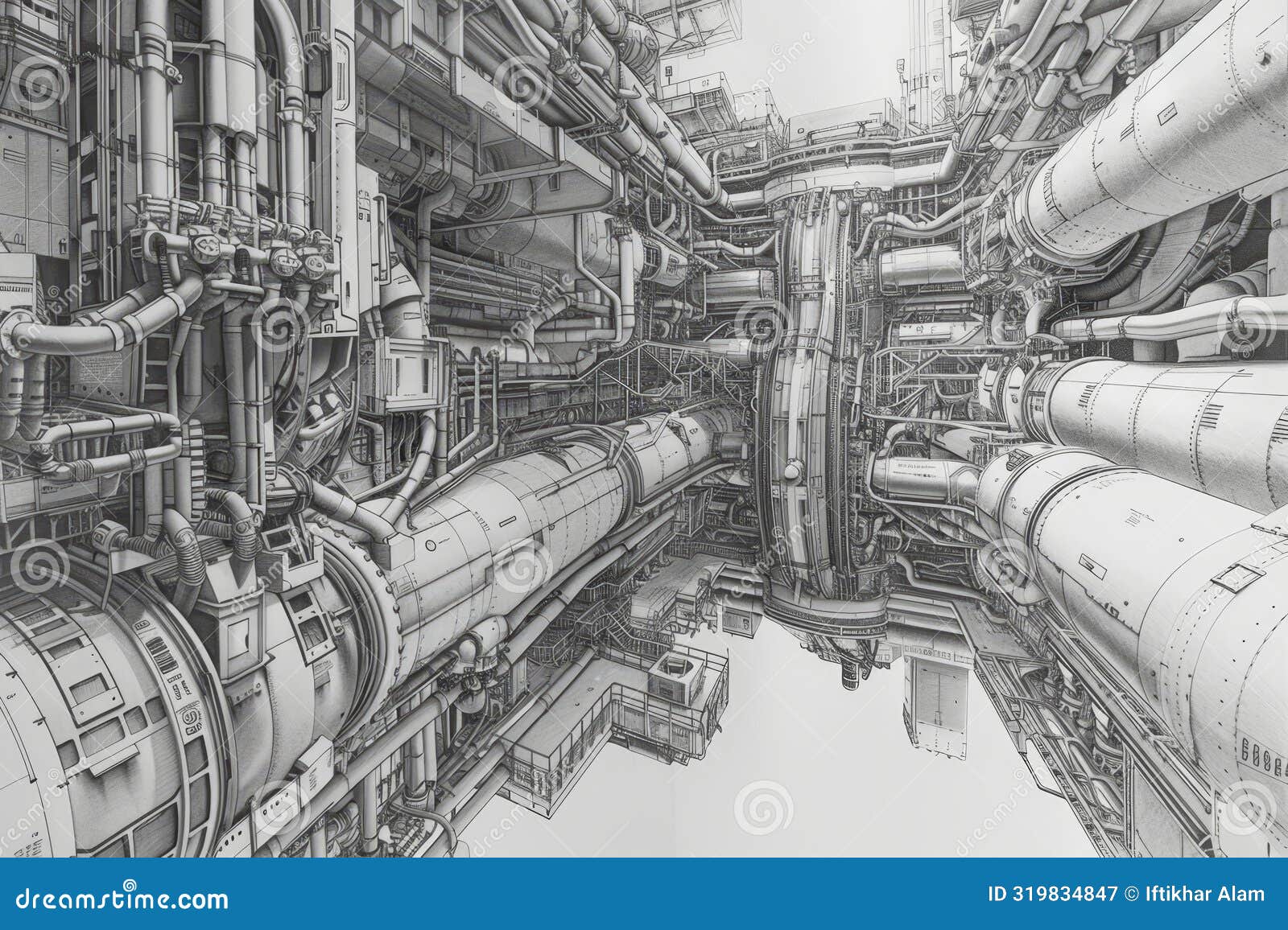 Detailed Black and White Drawing Featuring a Complex Network of ...