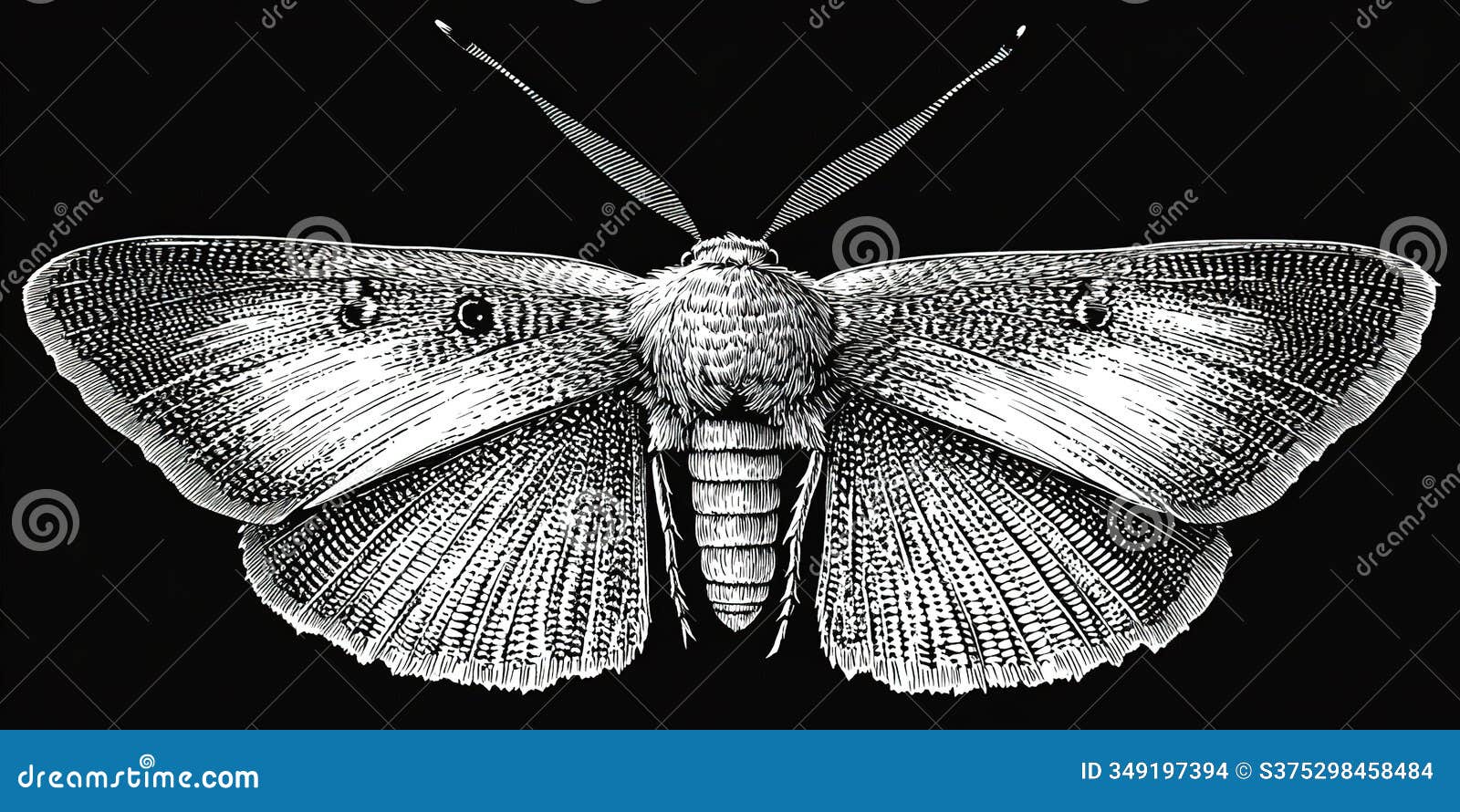Detailed Black and White Illustration of a Moth Showcasing Intricate ...