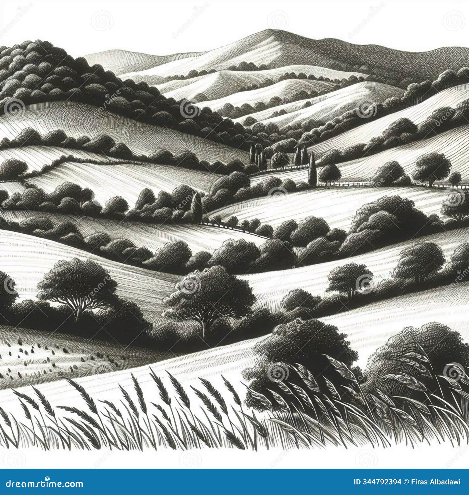 Detailed Black and White Illustration of Rolling Hills and Fields ...