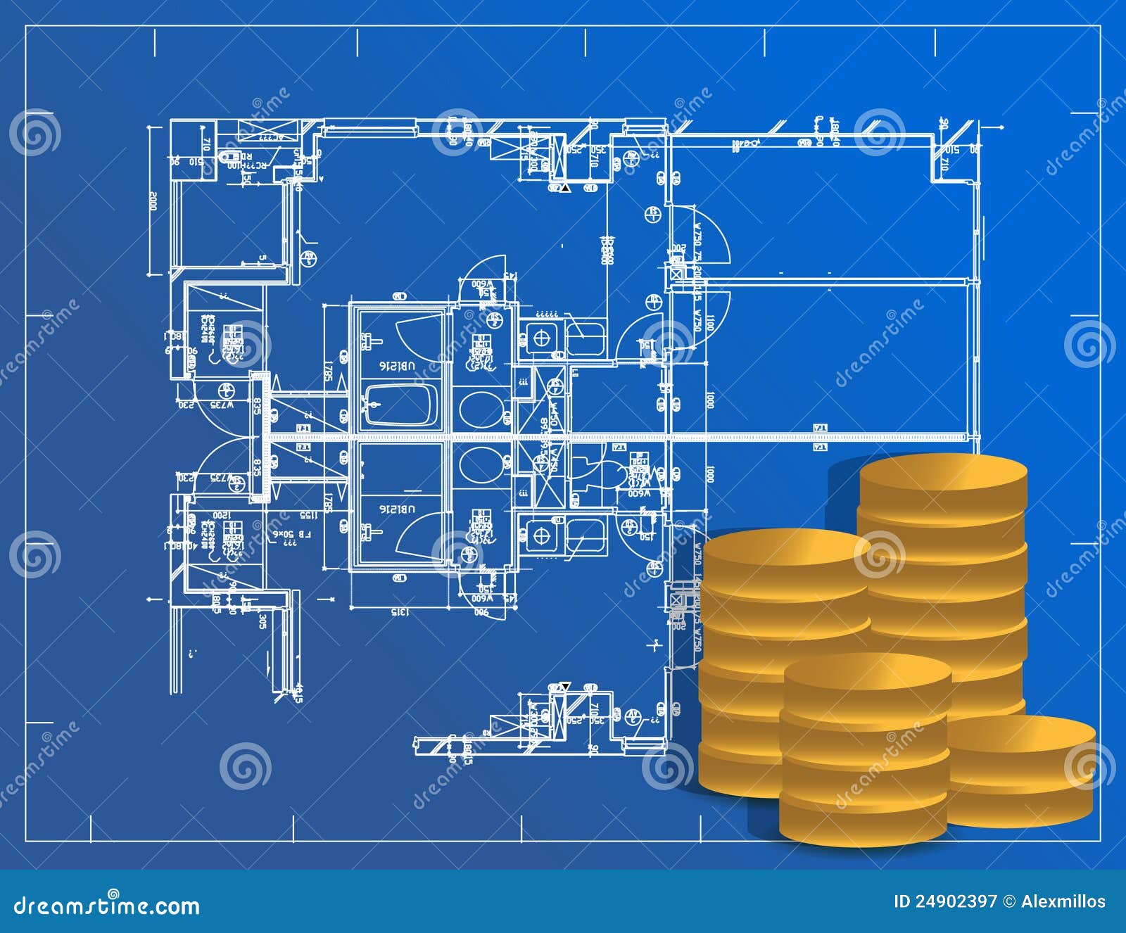 Detailed Blueprint and Coins Illustration Stock Vector - Illustration ...
