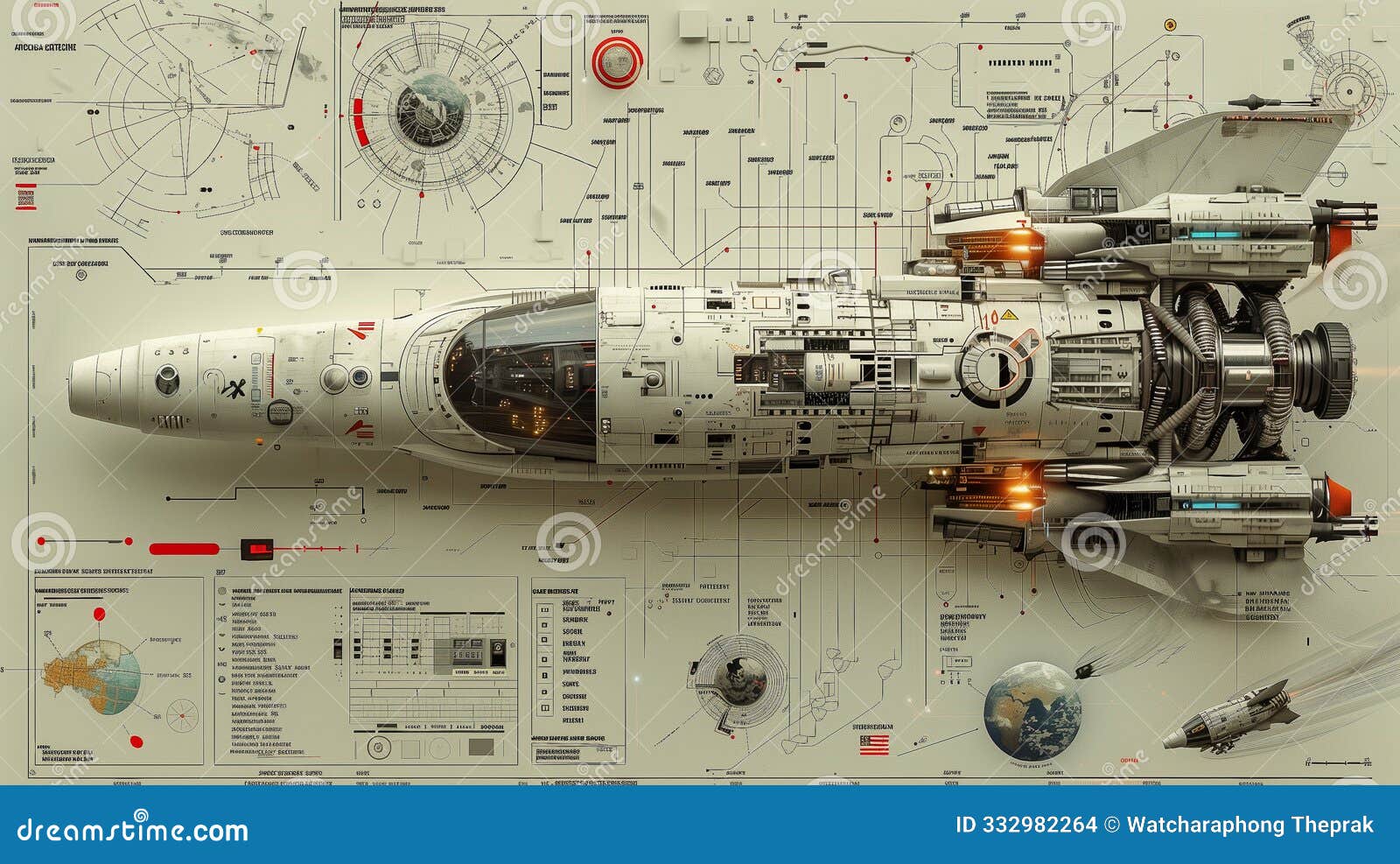 Futuristic Spaceship Blueprint with Technical Schematics and Diagrams ...