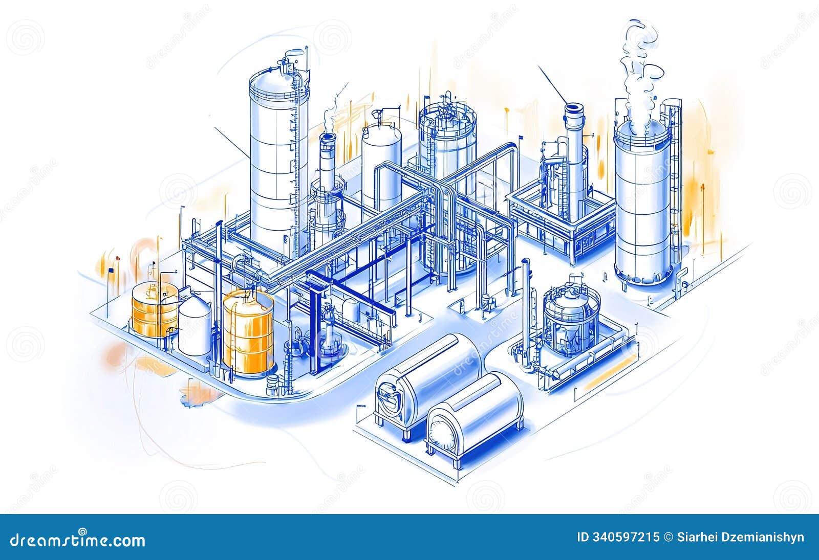 Detailed Blueprint of an Industrial Processing Plant Showcasing Various ...