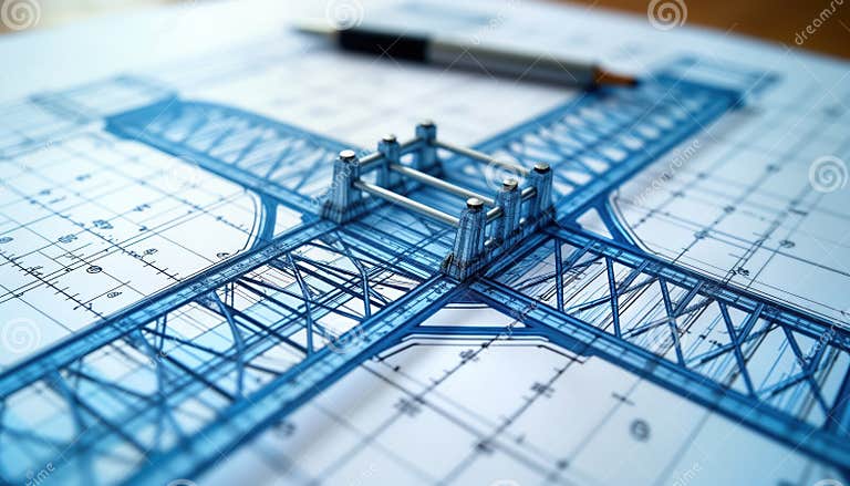 Detailed Blueprint of Modern Bridge Design. Intricate Technical Drawing ...