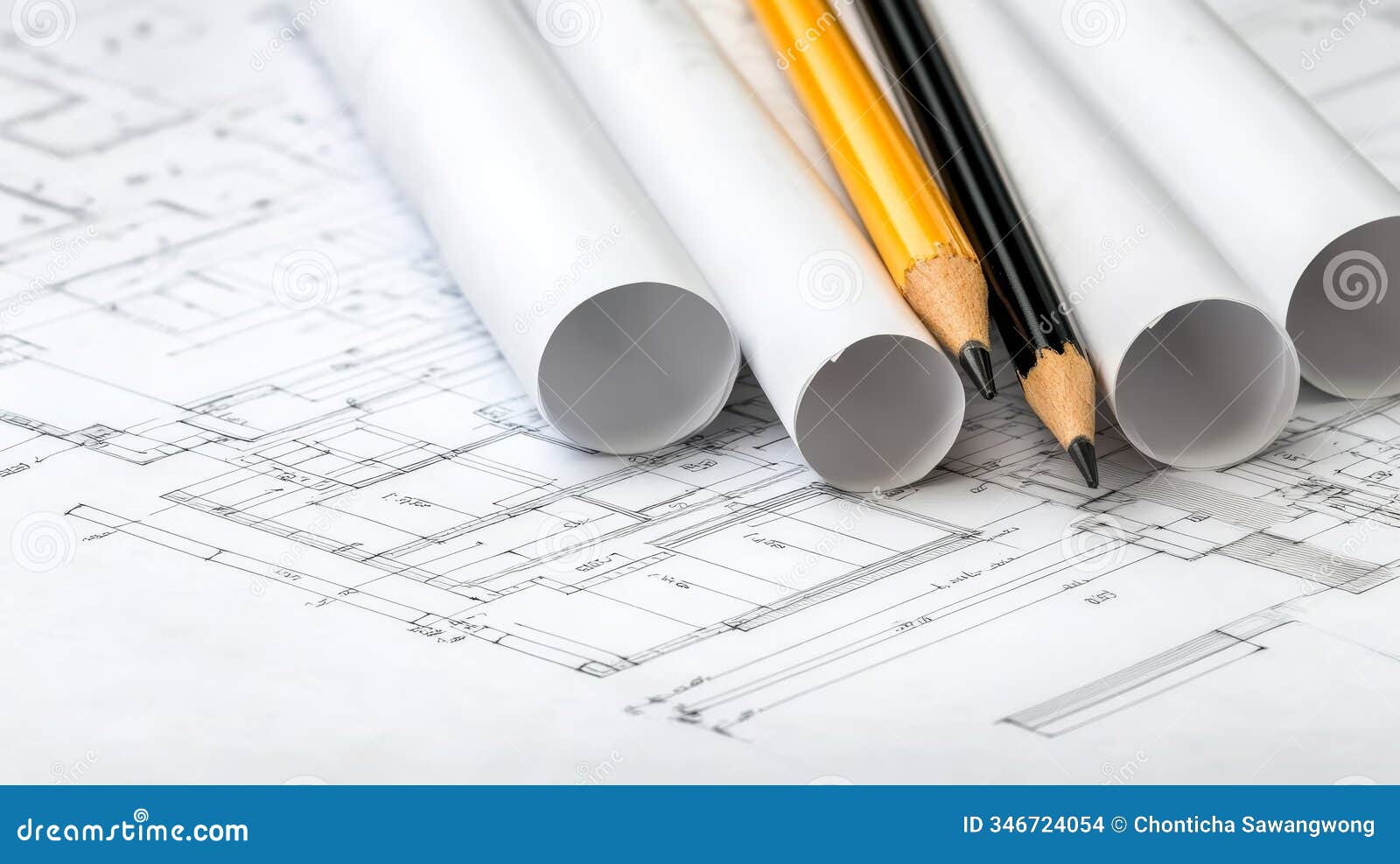 Detailed Blueprint with Pencil and Shavings, Architectural Design ...