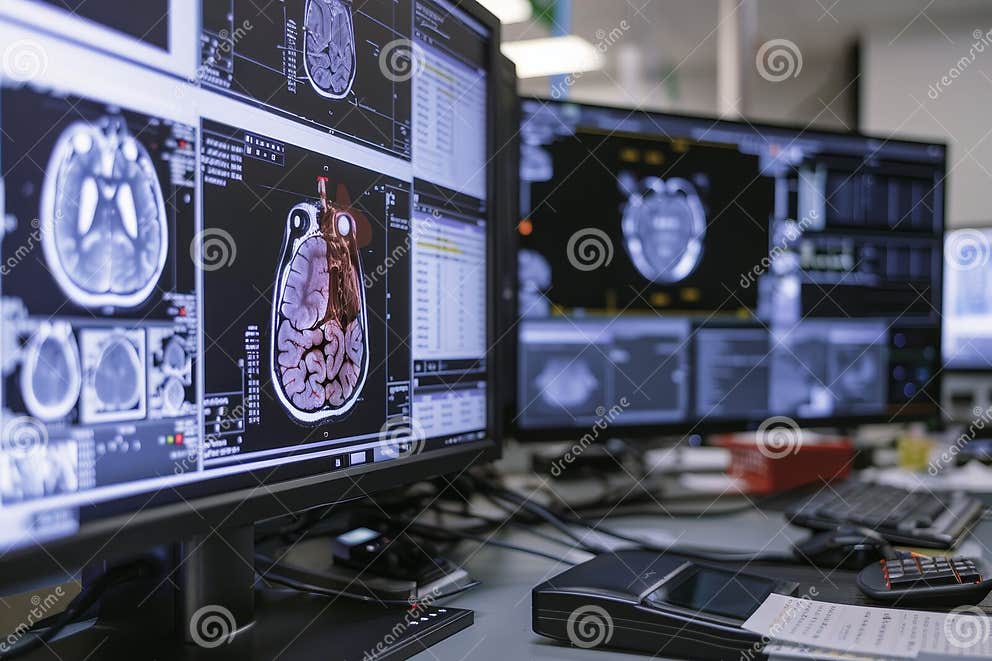 Detailed Brain Scans Displayed on Computer Monitors in a Medical Office ...