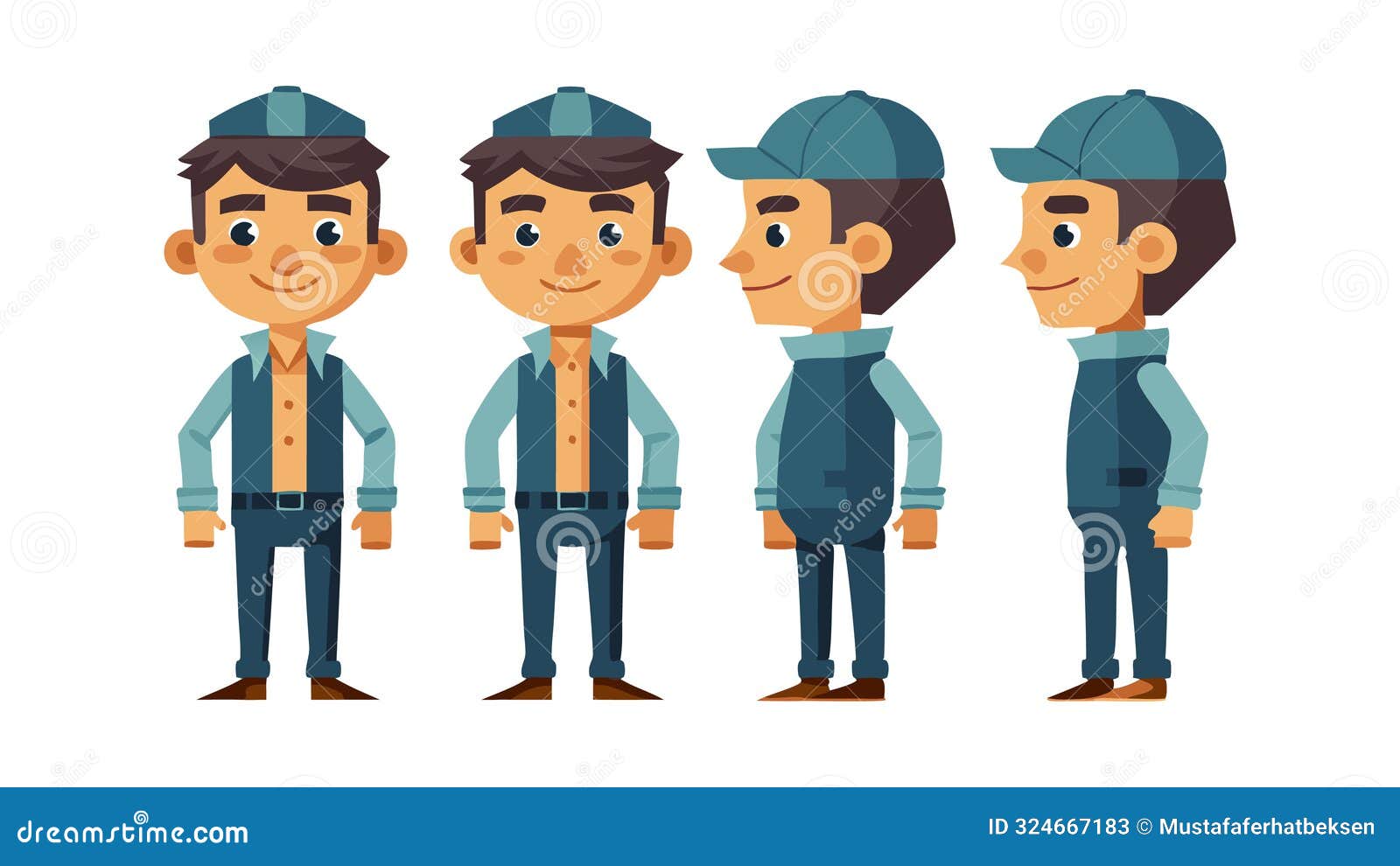 Cartoon Character Animation with Front, Side, and Back Views Stock ...