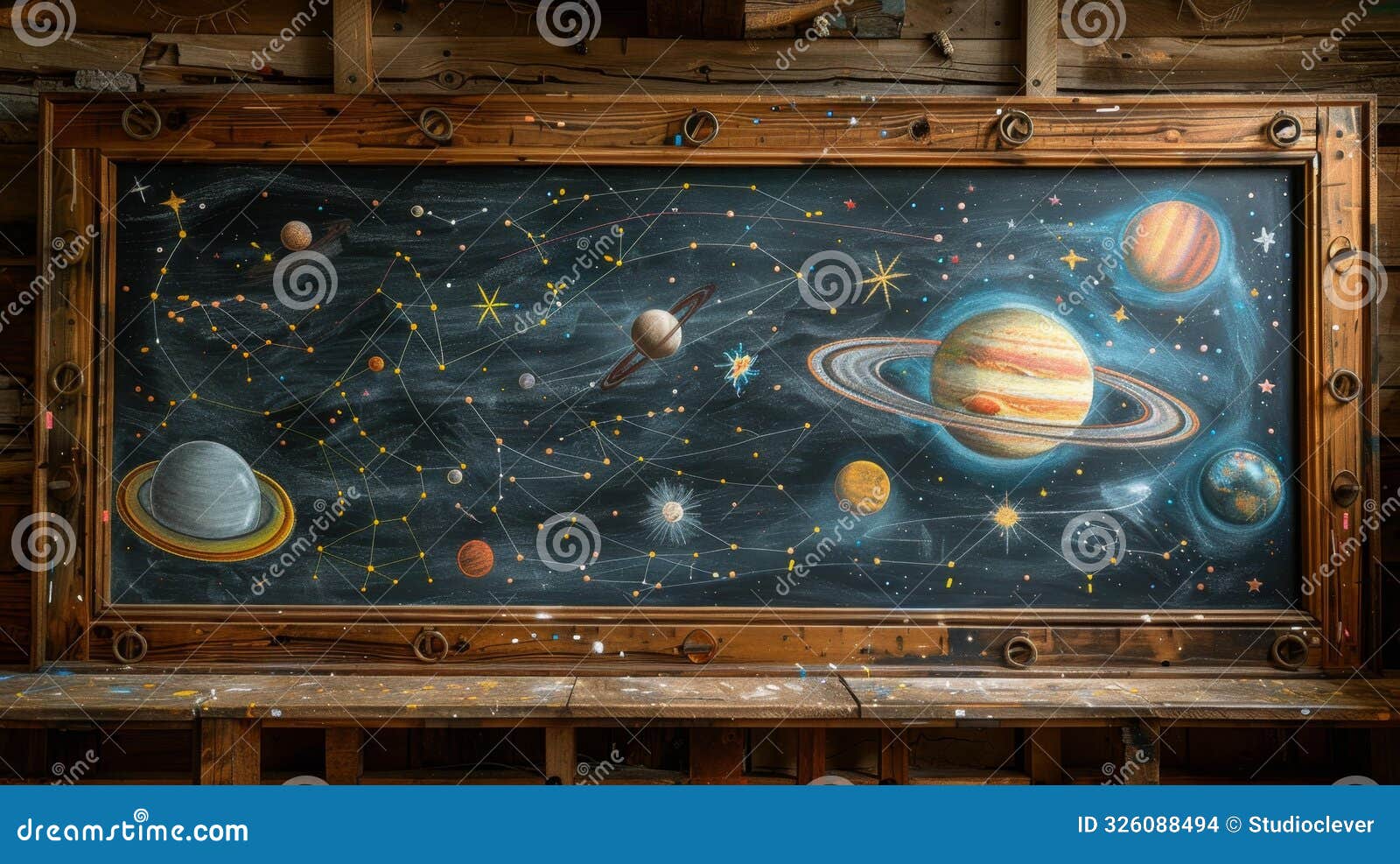 Detailed Chalkboard Drawing of the Solar System and Constellations ...