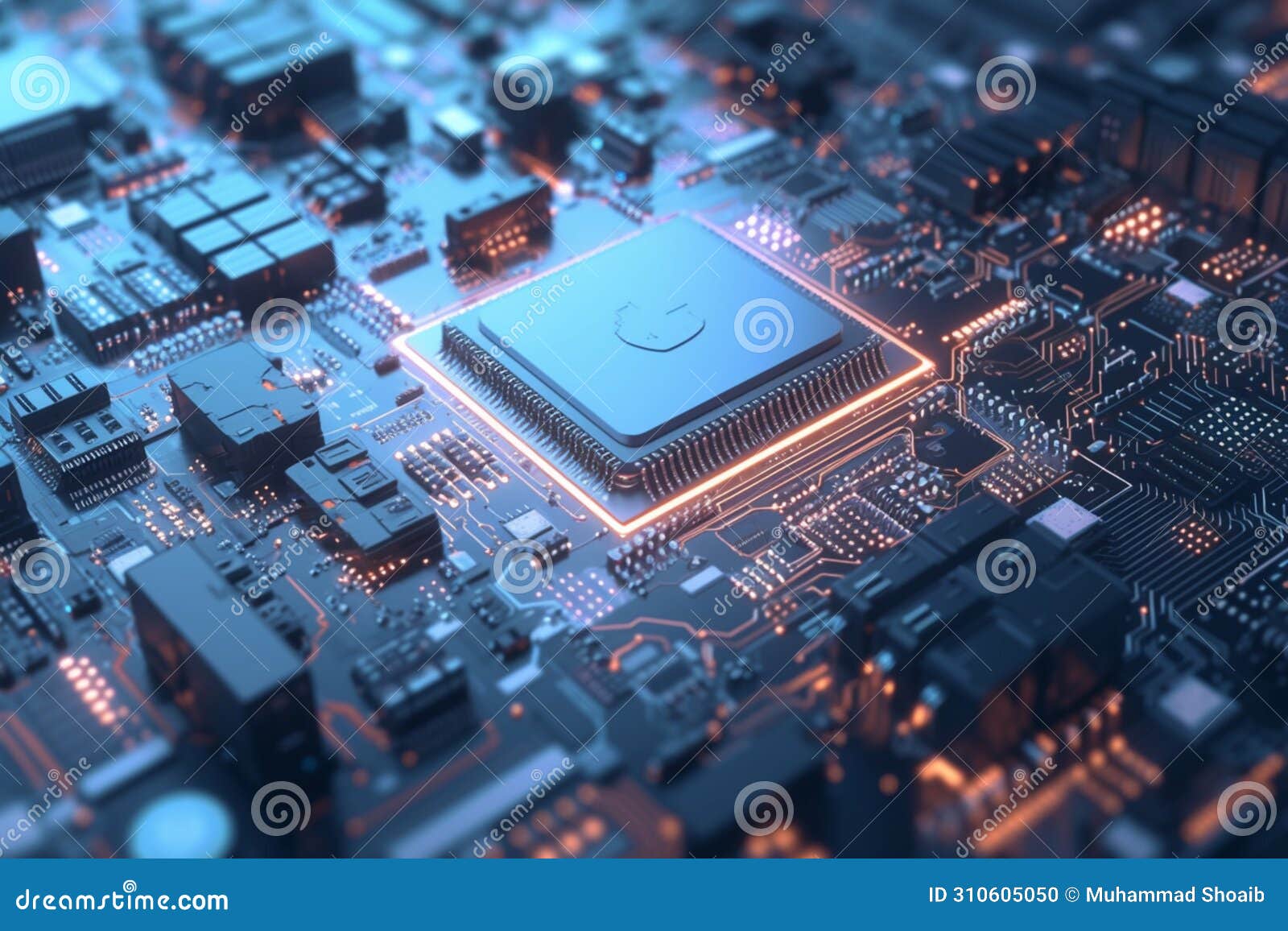 Detailed Circuit Board with Multiple Chips and Glowing Lights Stock ...
