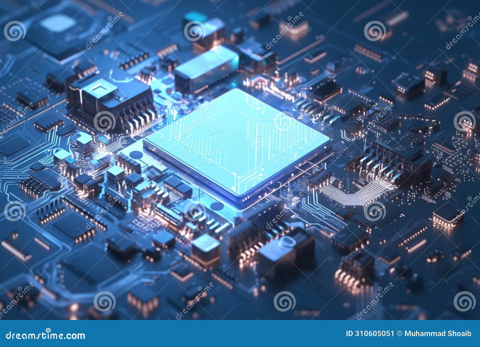 Detailed Circuit Board with Multiple Chips and Glowing Lights Stock ...