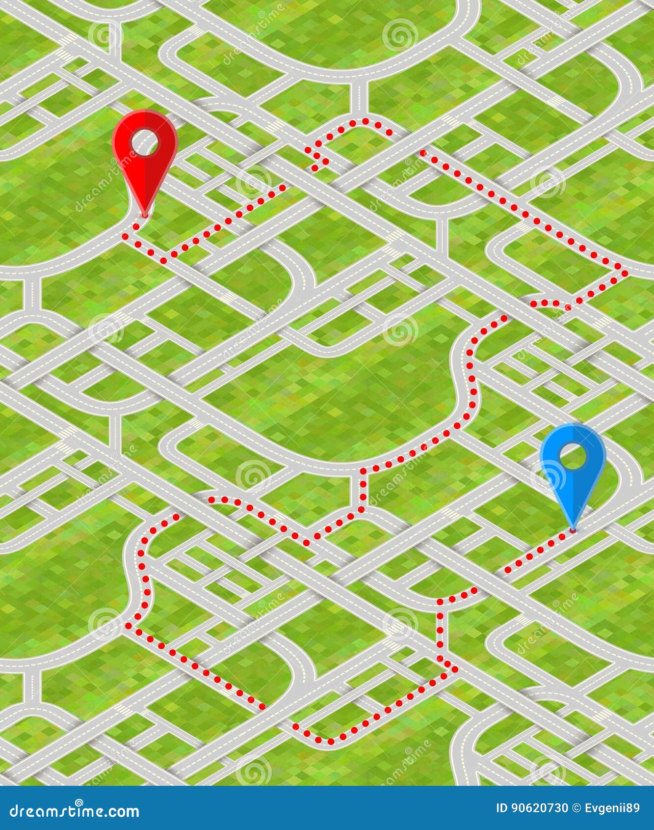 Detailed City Map with GPS Pins and Route Stock Vector - Illustration ...