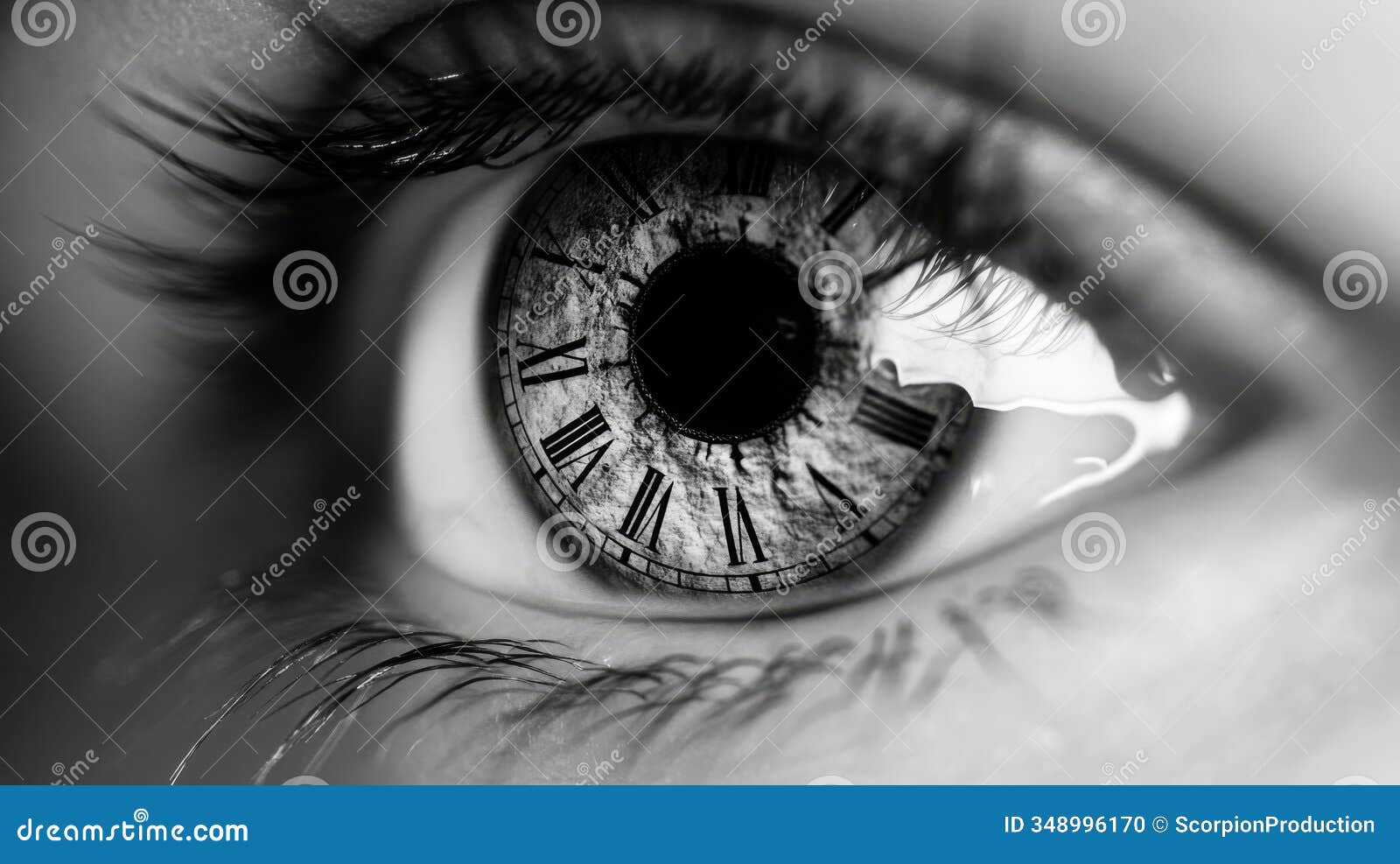 Monochromatic Eye Close-up with Clock Face Symbolizing Time and Vision ...