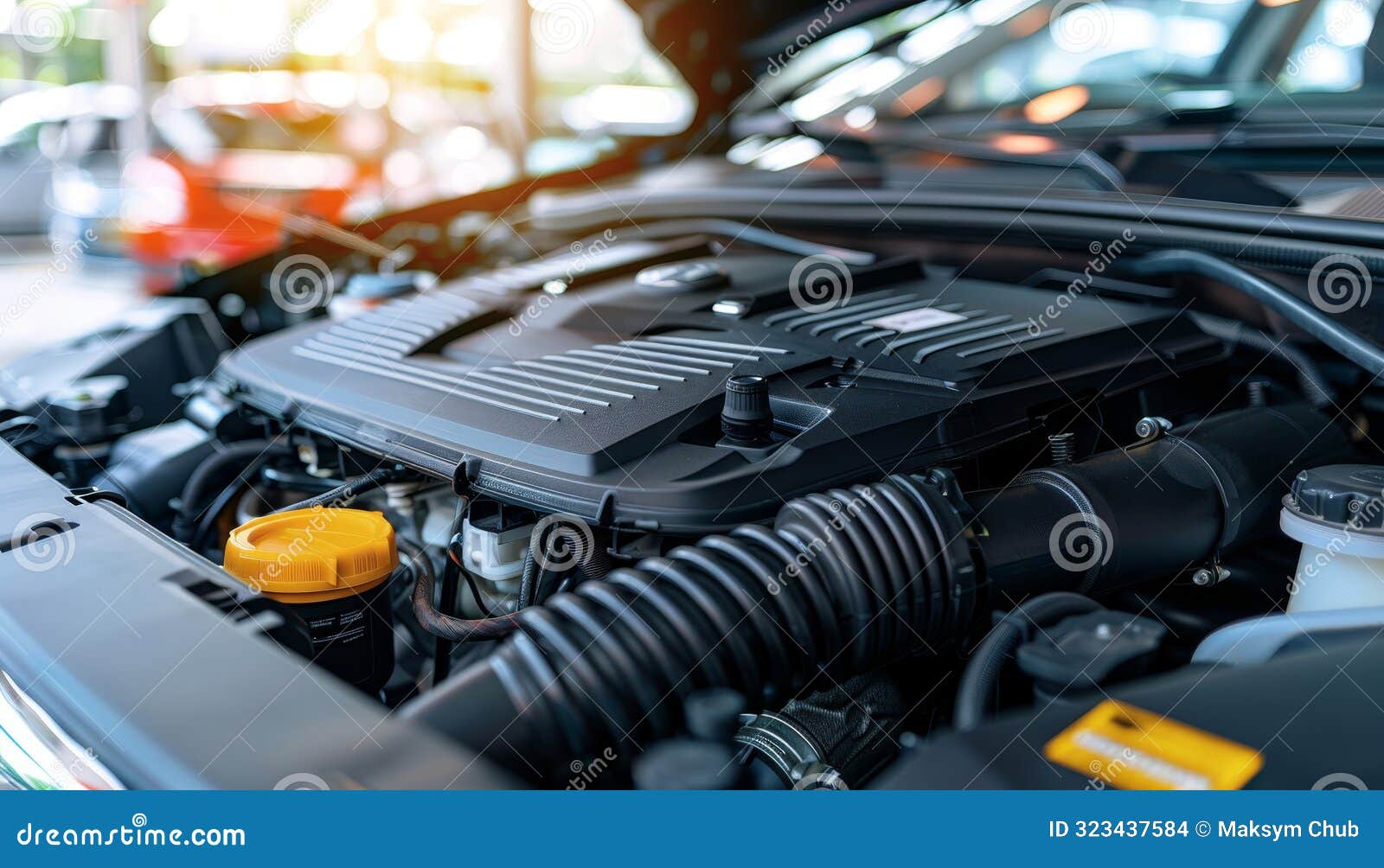 Detailed Close Up of a Car Engine Visible Under an Open Hood for ...