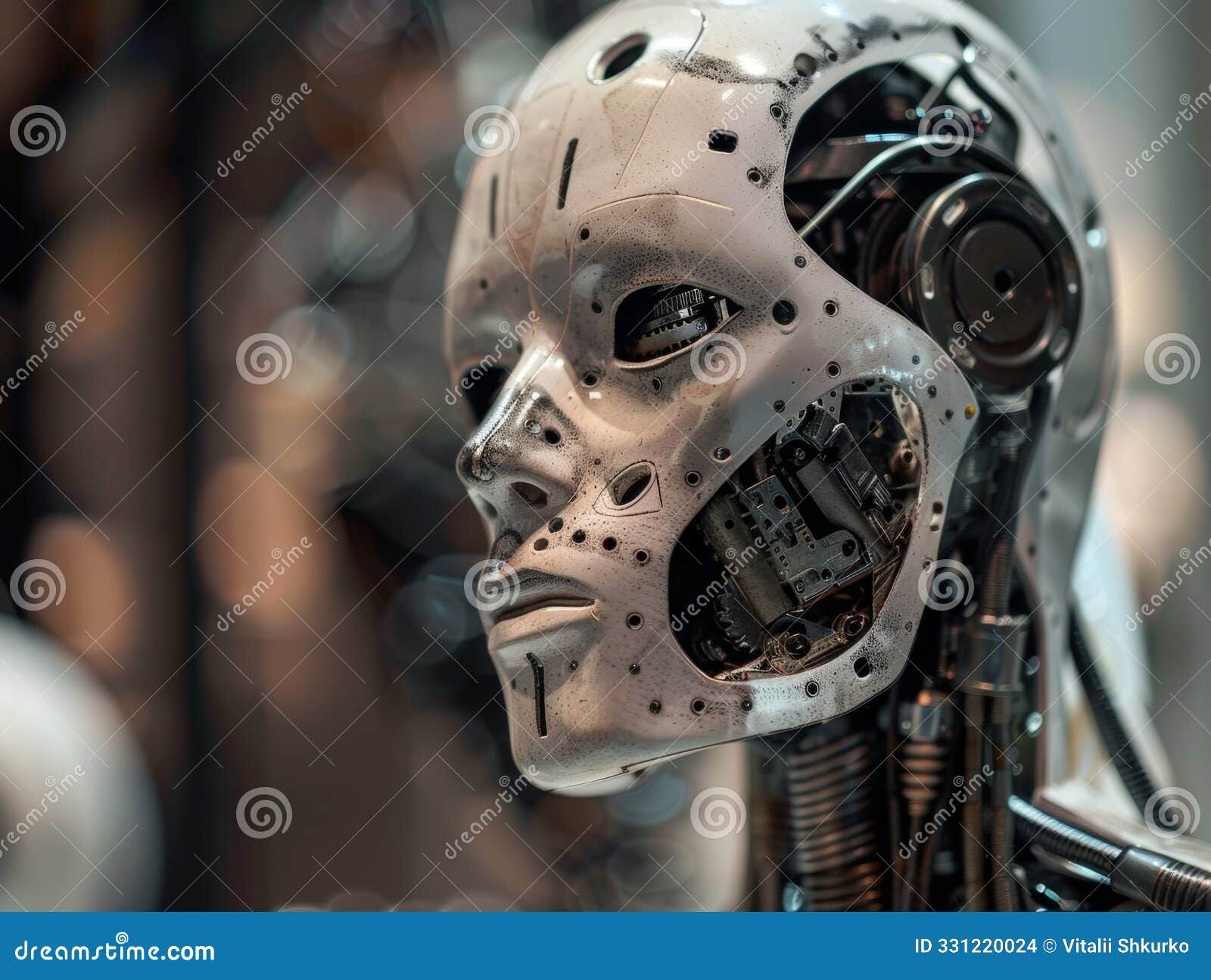 A Detailed Close-up of a Robotic Face with Exposed Internal Components ...
