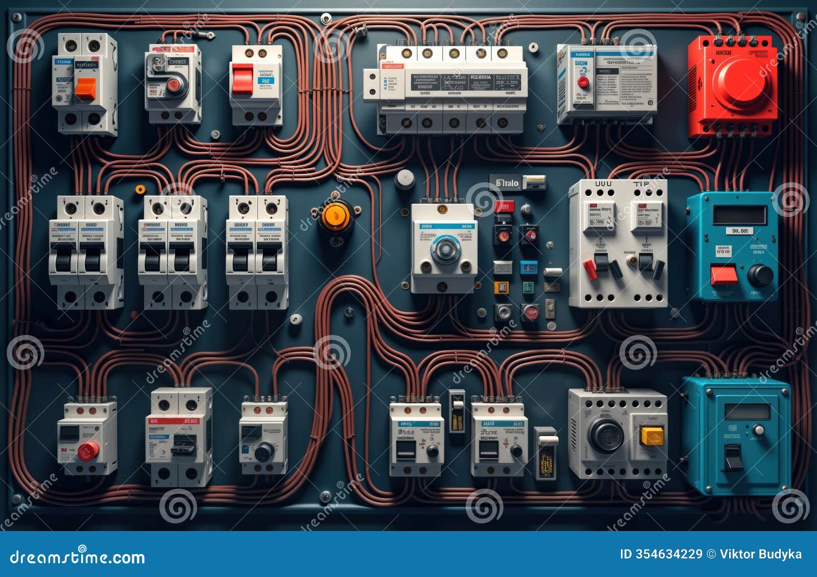 Detailed Close-up View of Electrical Panel. Multiple Electrical ...