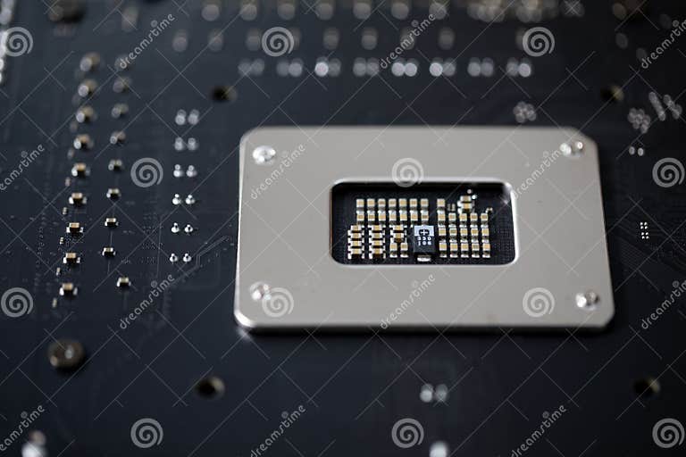 Detailed CloseUp of a Computer Processor Mounted on a Circuit Board in ...