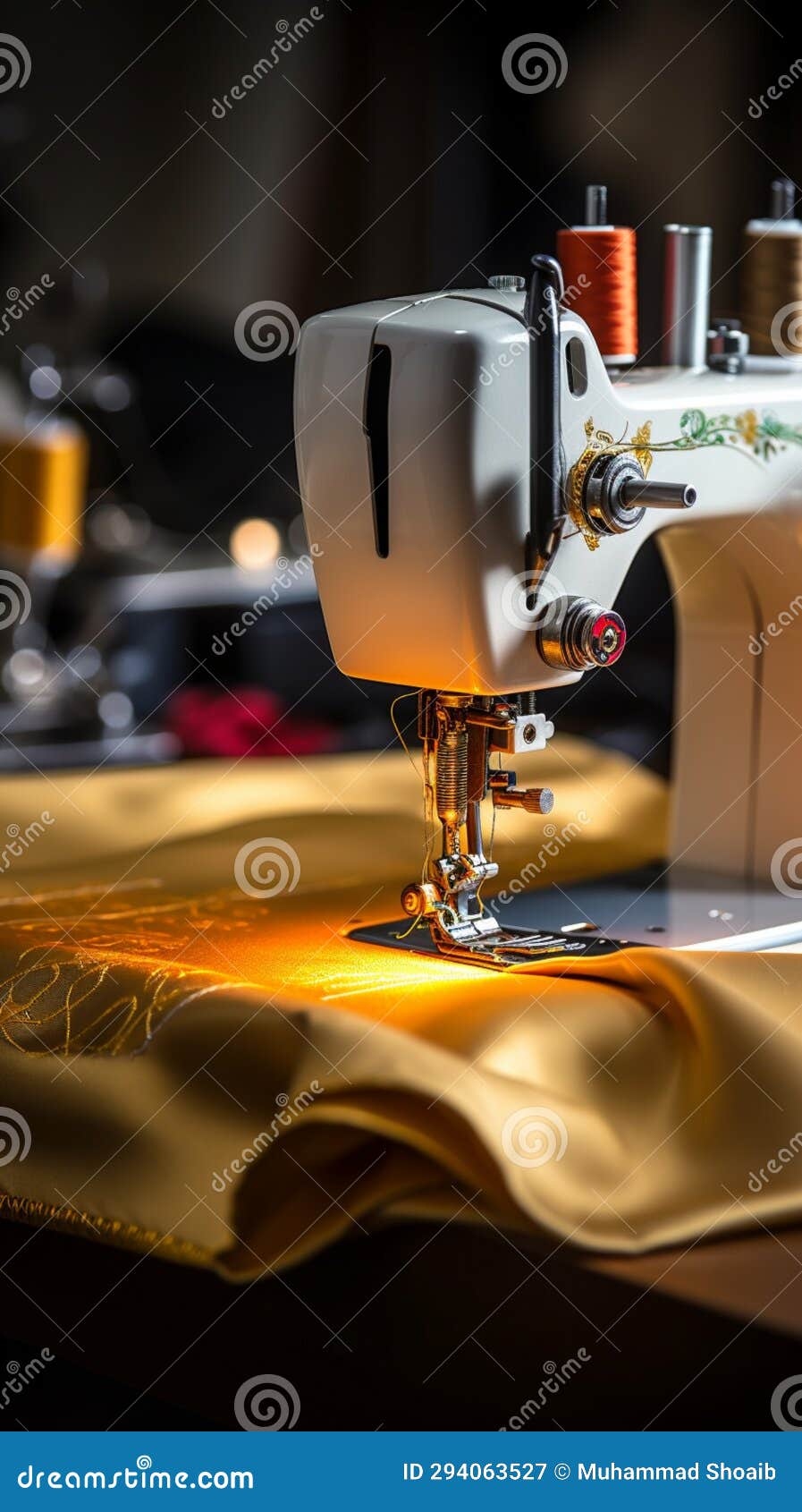 Detailed Closeup of a Sewing Machine at Work with Fabric and Threads ...