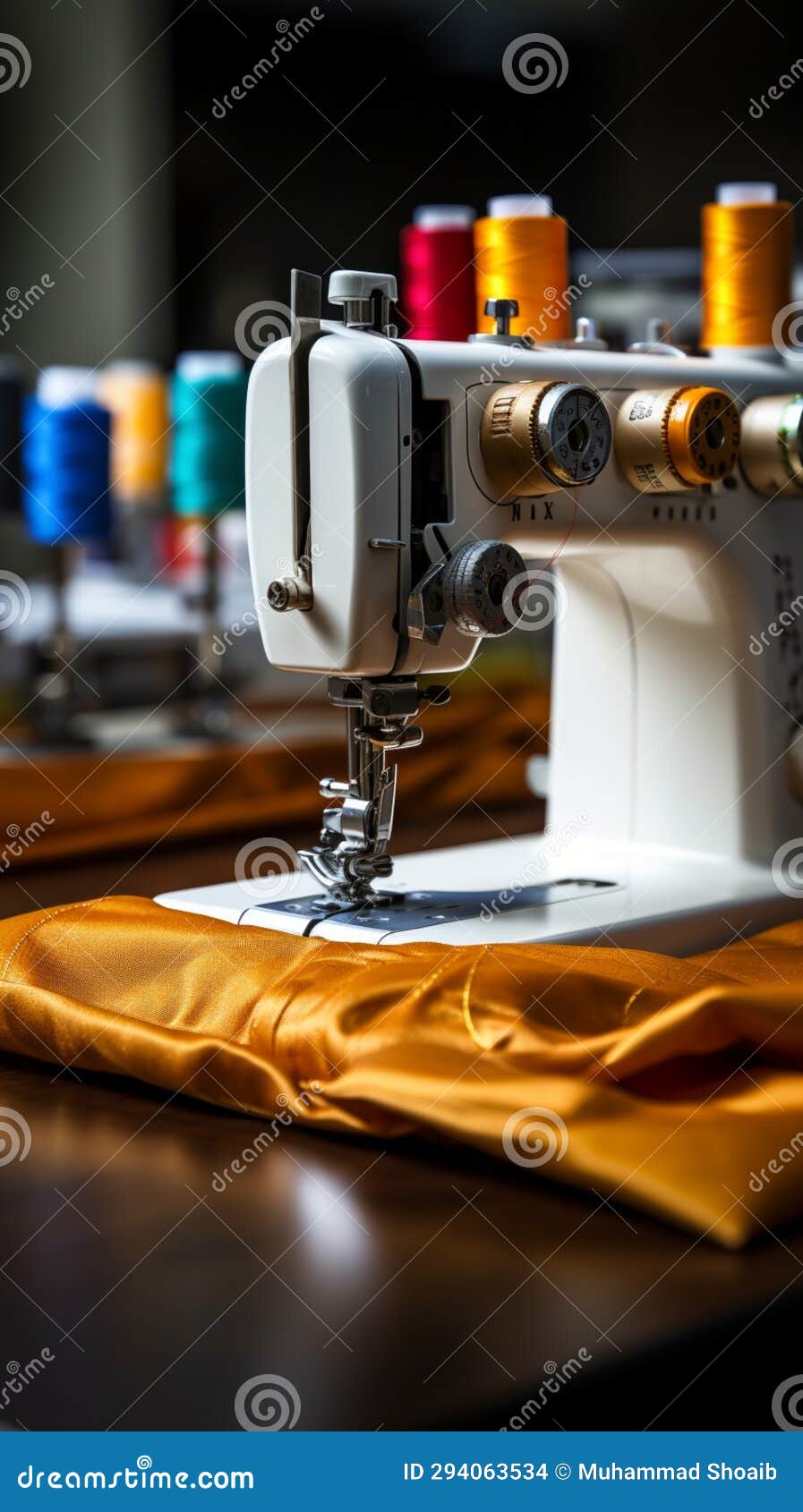 Detailed Closeup of a Sewing Machine at Work with Fabric and Threads ...