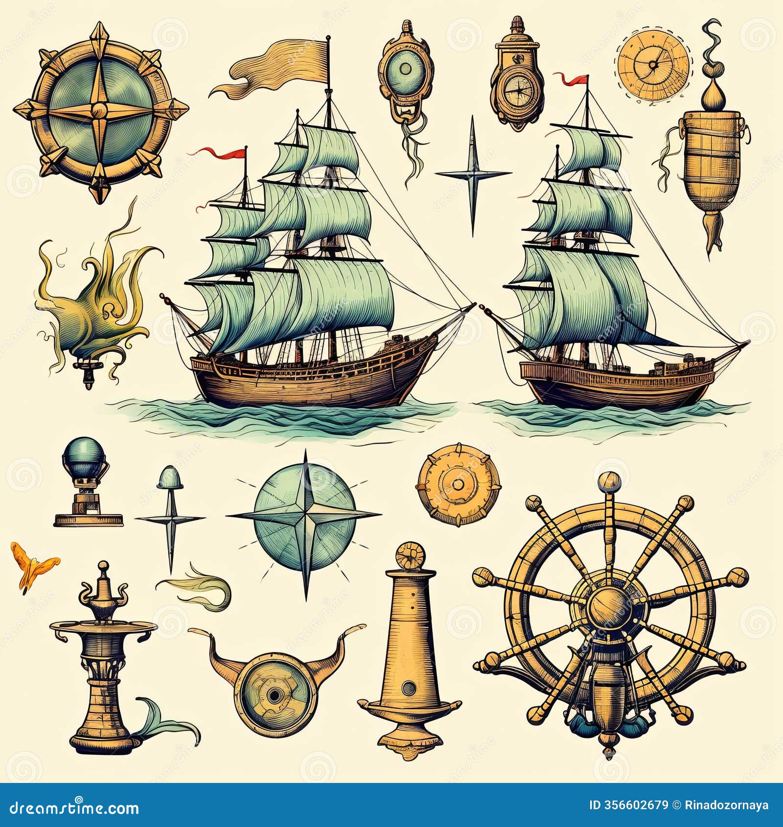 Detailed Collection of Vintage Ship and Nautical Elements Illustrations for Maritime Enthusiasts ...