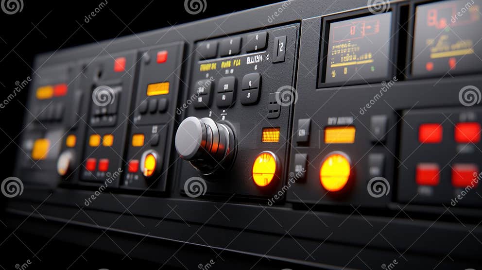 A Detailed Control Panel Featuring Various Buttons, Knobs, and Screens ...