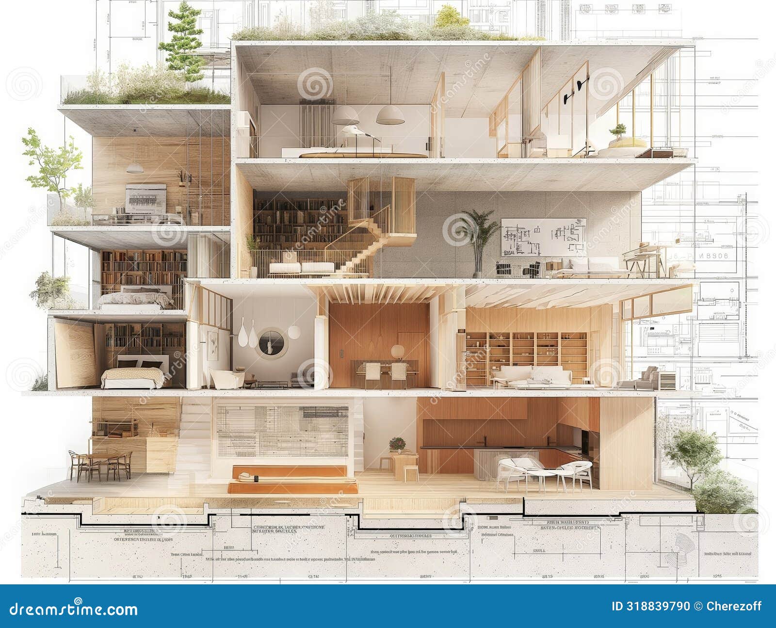 Modern Multi-Level Home Cross-Section with Interior Design Stock Photo ...