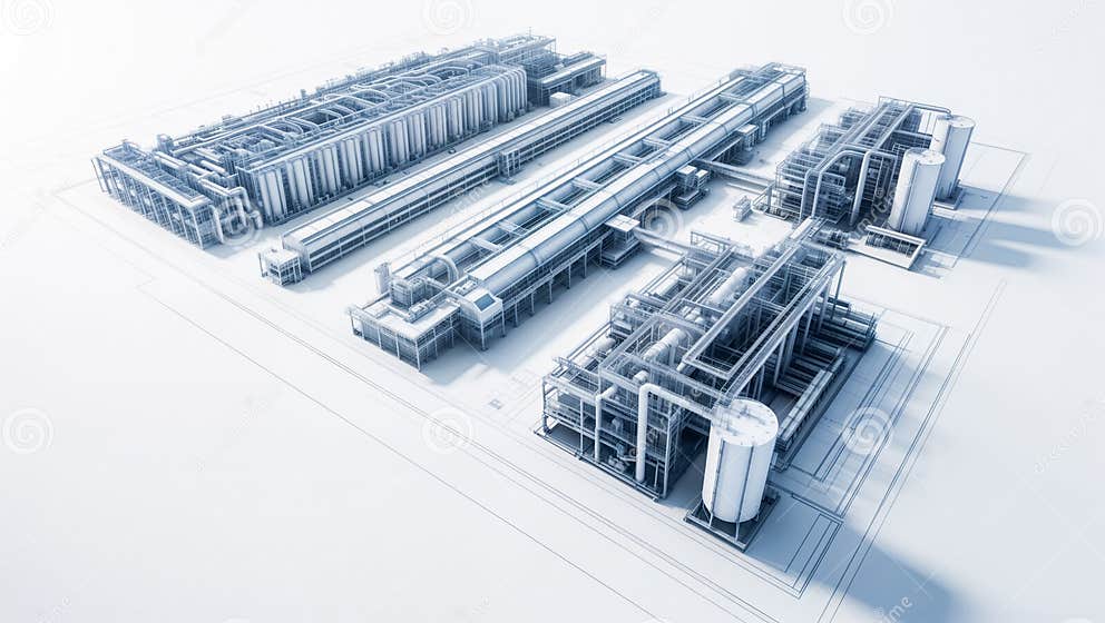 Detailed 3D Blueprint Visualization of an Industrial Facility. for Engineering Presentations ...