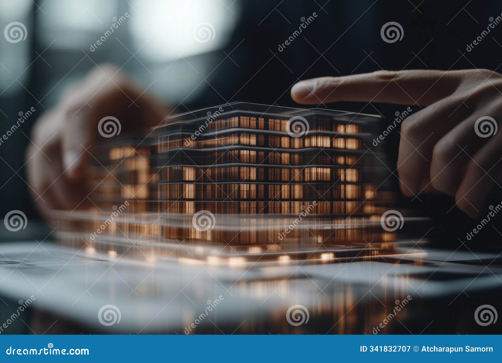 Detailed 3D Holographic Building Model Projection Stock Image - Image ...