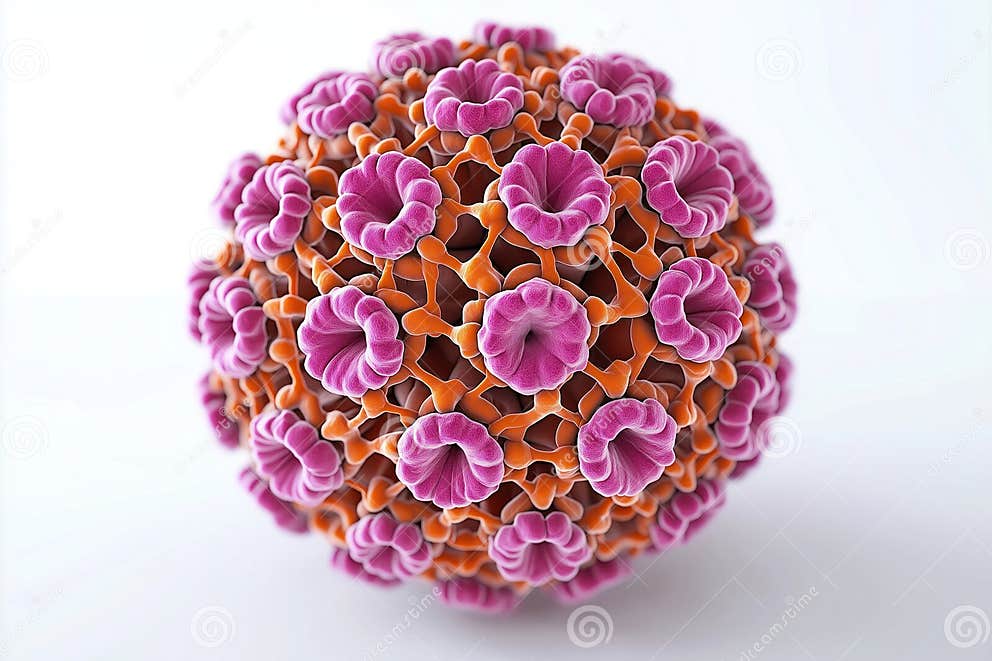Detailed 3D Illustration of HPV Virus. Virus Structure Shows Complex Molecular Design. Pink ...