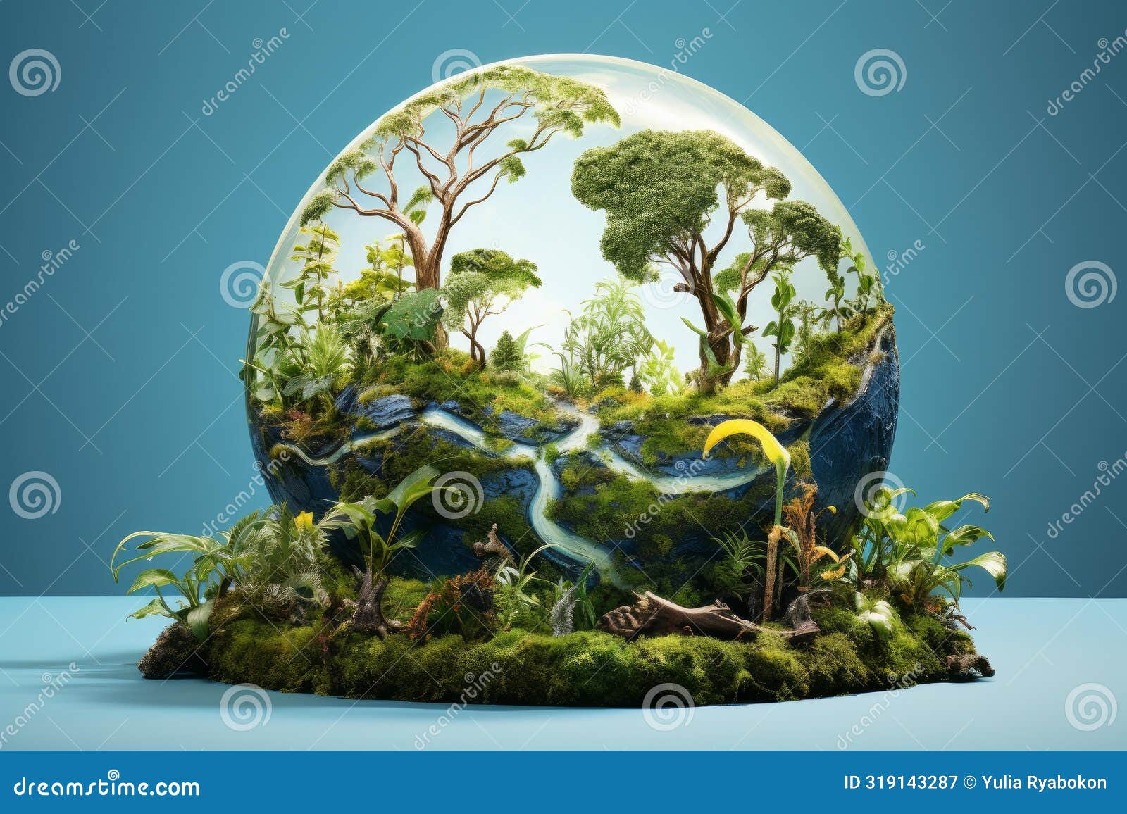 Miniature Ecosystem Sphere on Blue Background Stock Image - Image of ...