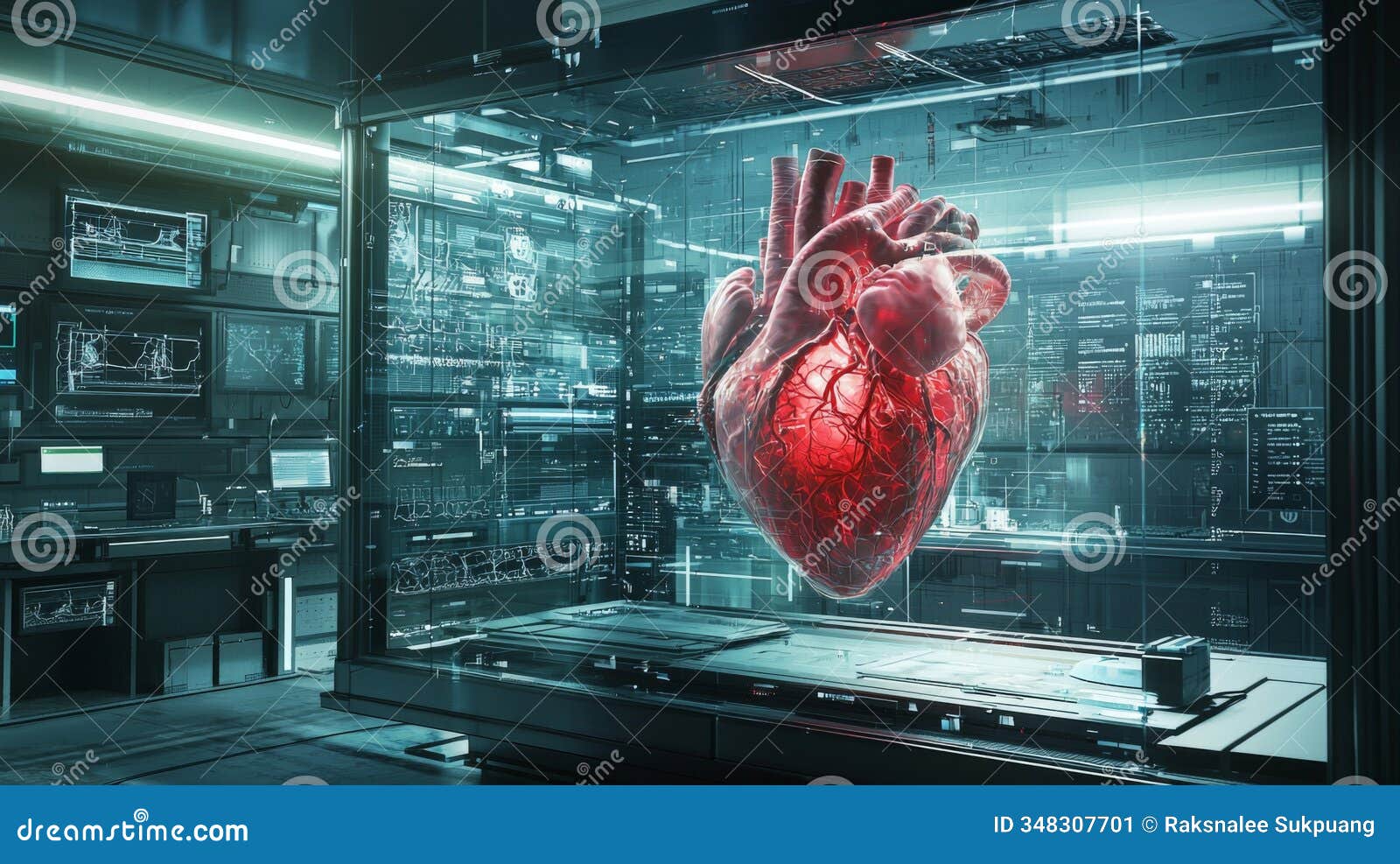 Futuristic Heart Display in a High-Tech Lab Stock Illustration ...