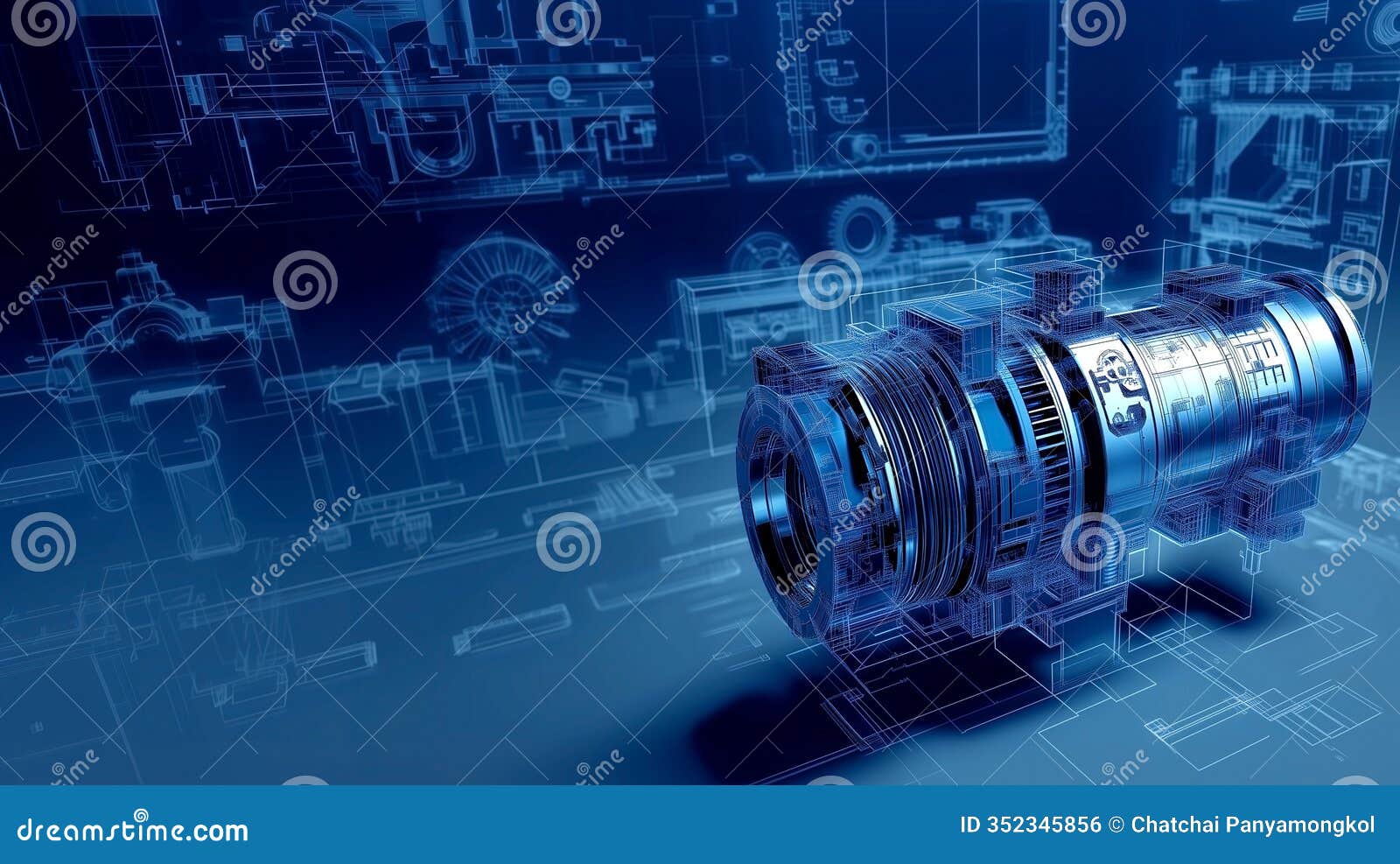 3D Rendering of a Mechanical Component Surrounded by Technical Diagrams ...