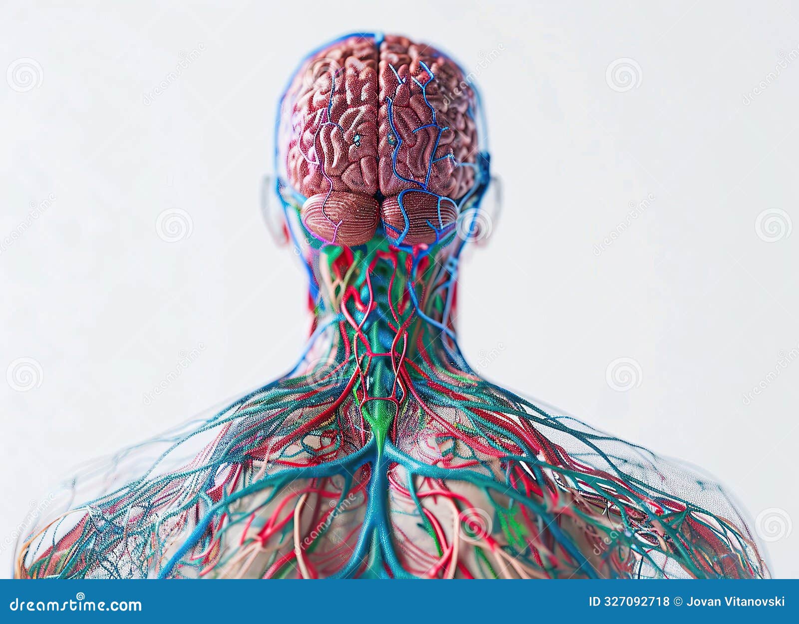 3D Render of Human Anatomy Back View with Visible Brain and Nerves ...